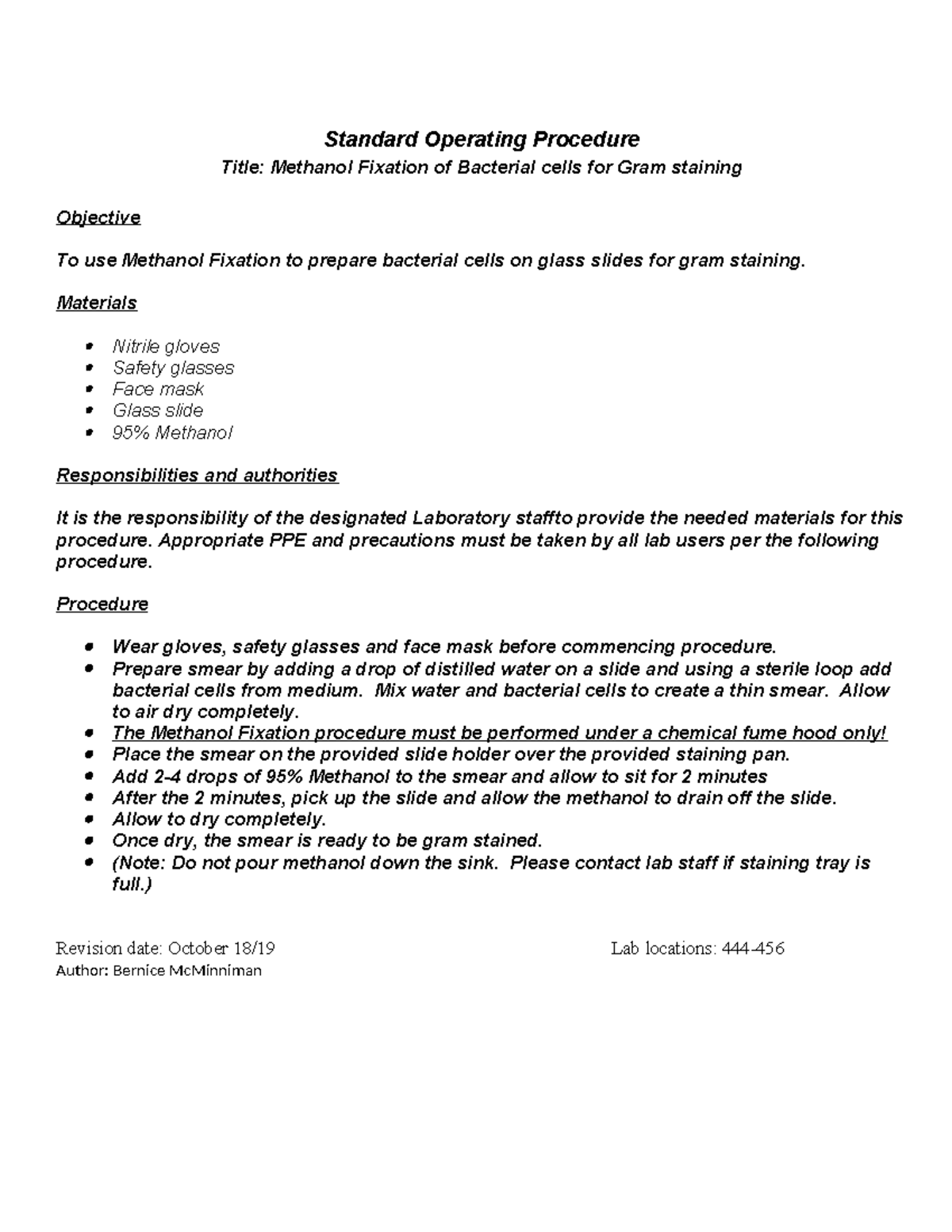 Methanol fixation sop - Standard Operating Procedure Title: Methanol Fixation of Bacterial cells ...