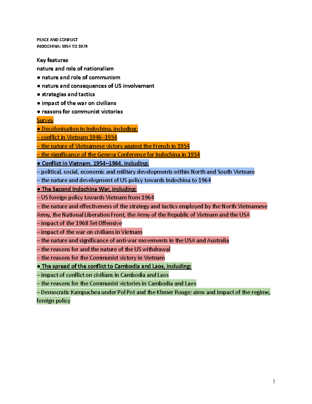 Indochina notes complete - PEACE AND CONFLICT INDOCHINA: 1954 TO 1979 ...