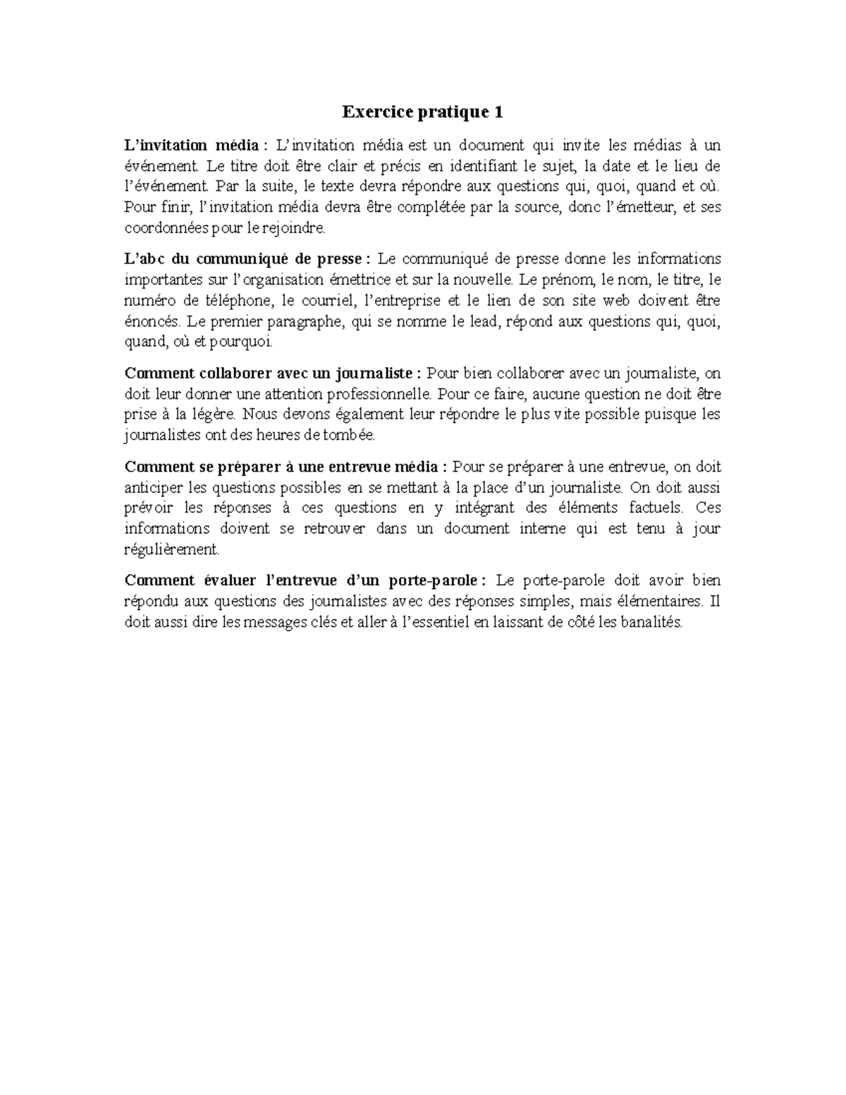 Exercice pratique 1 - Le titre doit être clair et précis en identifiant ...