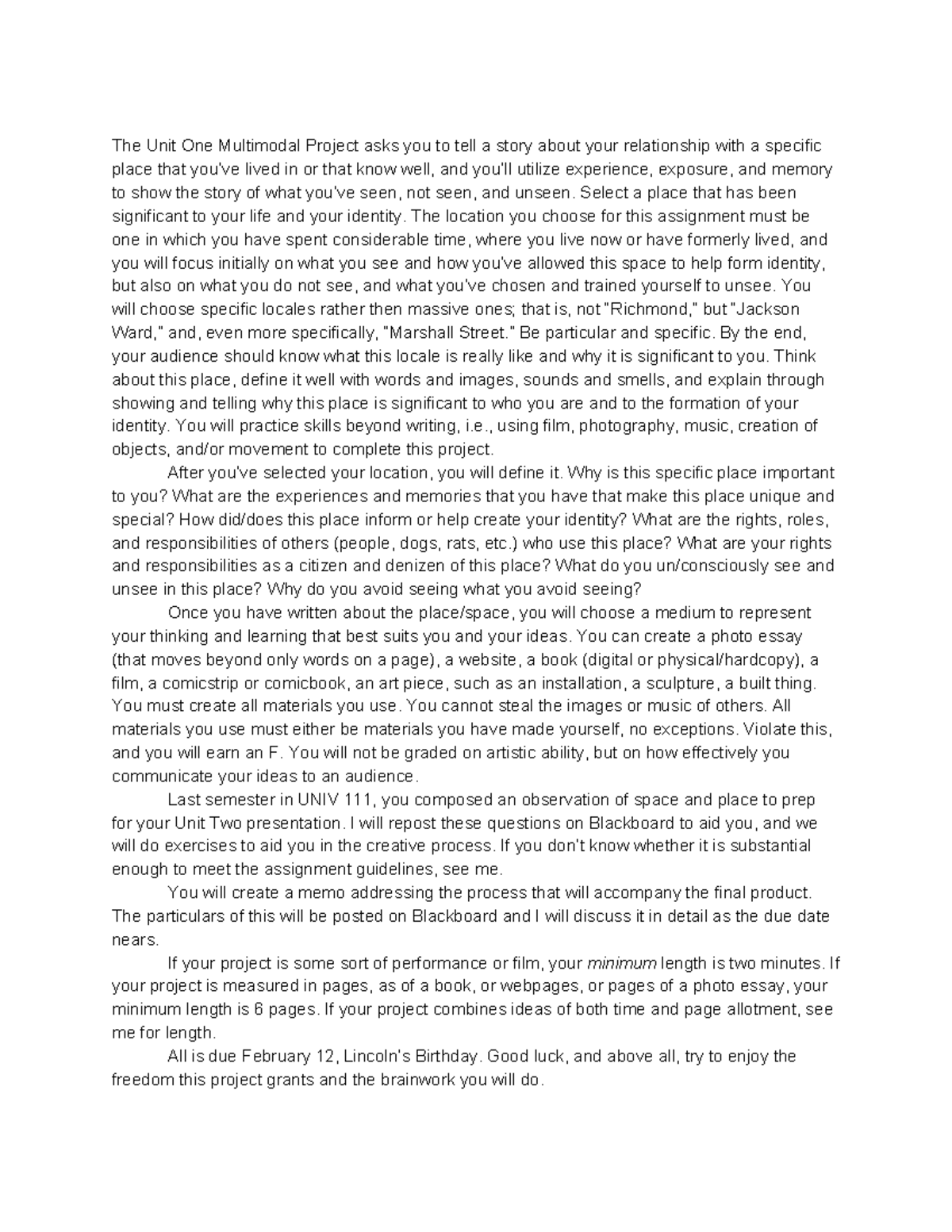 Essay about project - Grade: A - The Unit One Multimodal Project asks ...