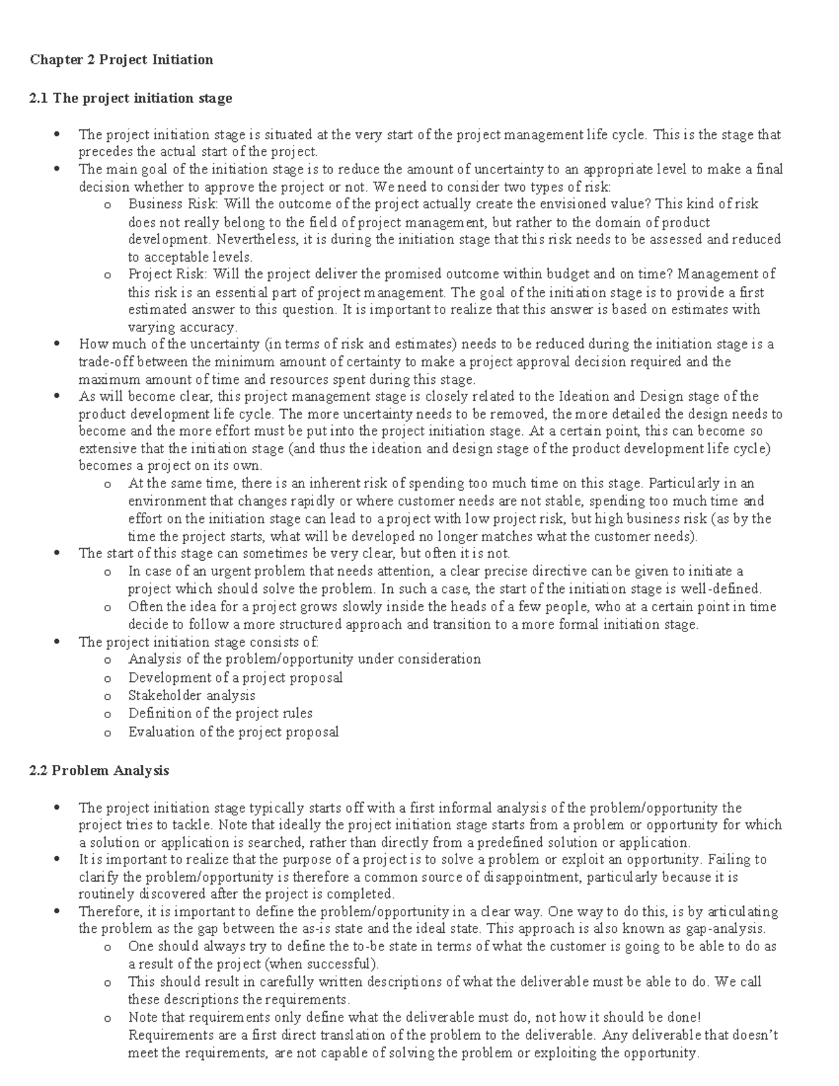 Chapter 2 - Chapter 2 Project Initiation 2 The project initiation stage ...