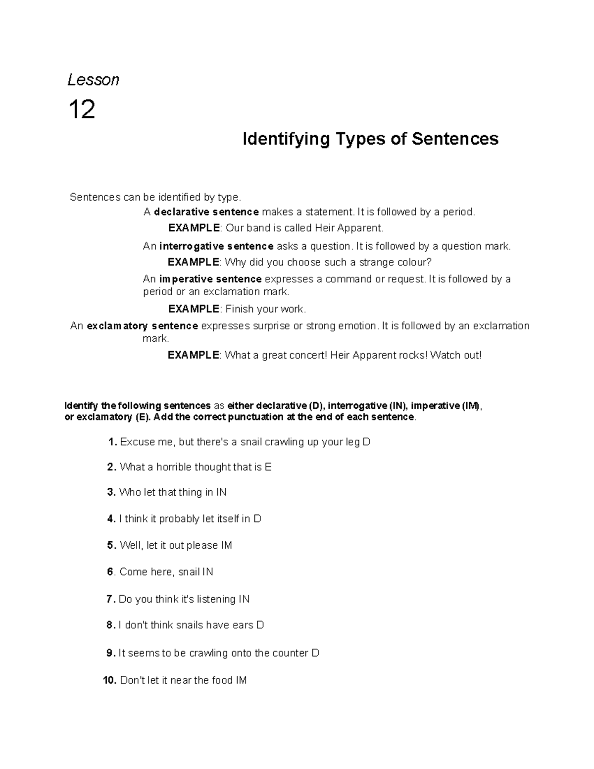 Types of Sentences Worksheets - Lesson 12 Identifying Types of ...