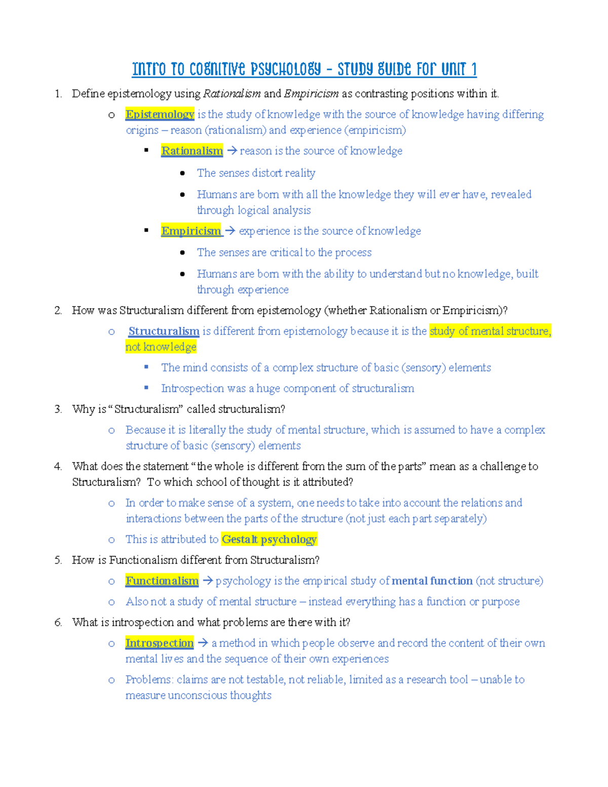 Unit 1 Study Guide - Intro to cognitive psychology – study guide for ...