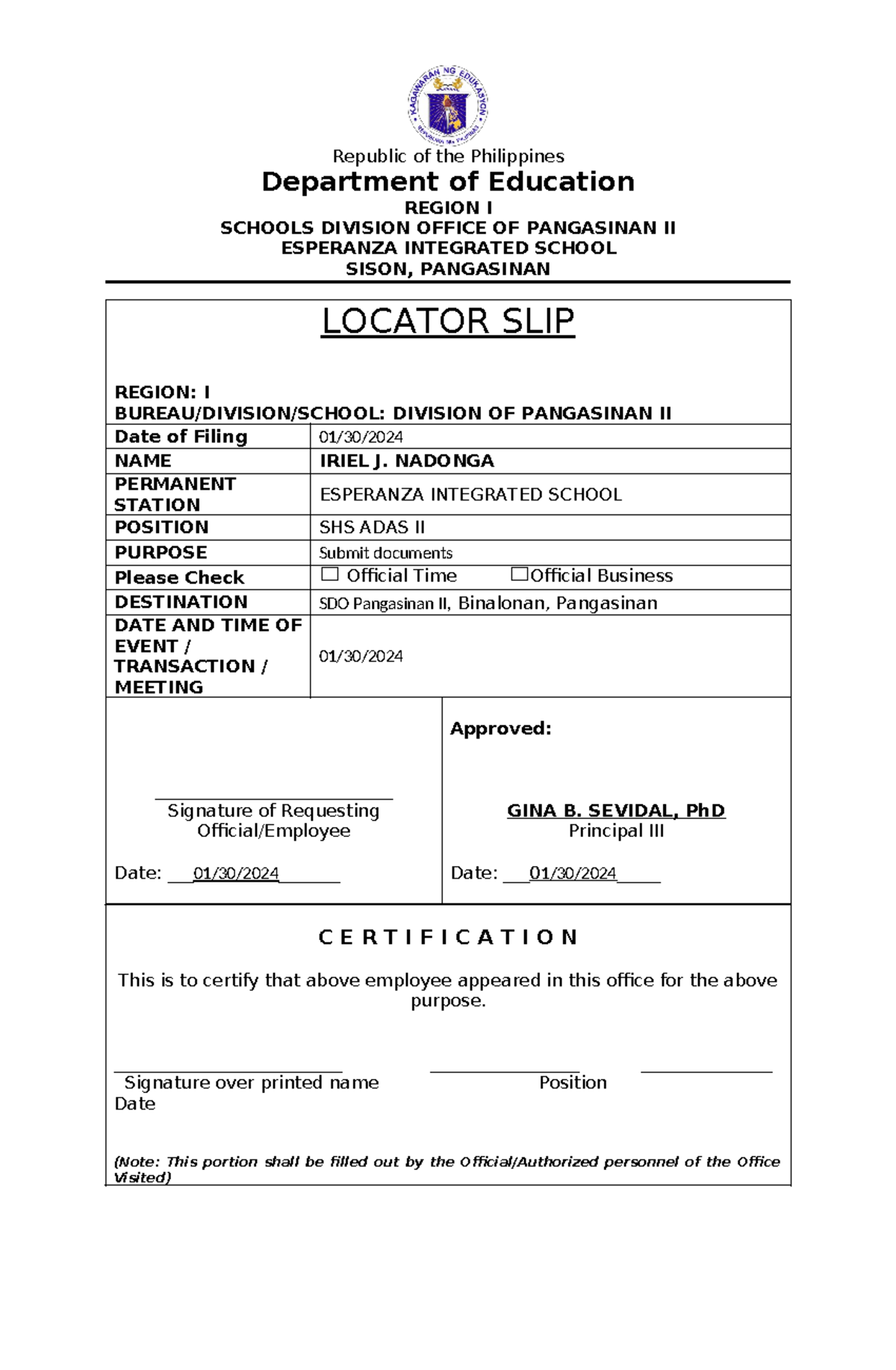 Esperanza IS Locator Slip - Republic of the Philippines Department of ...