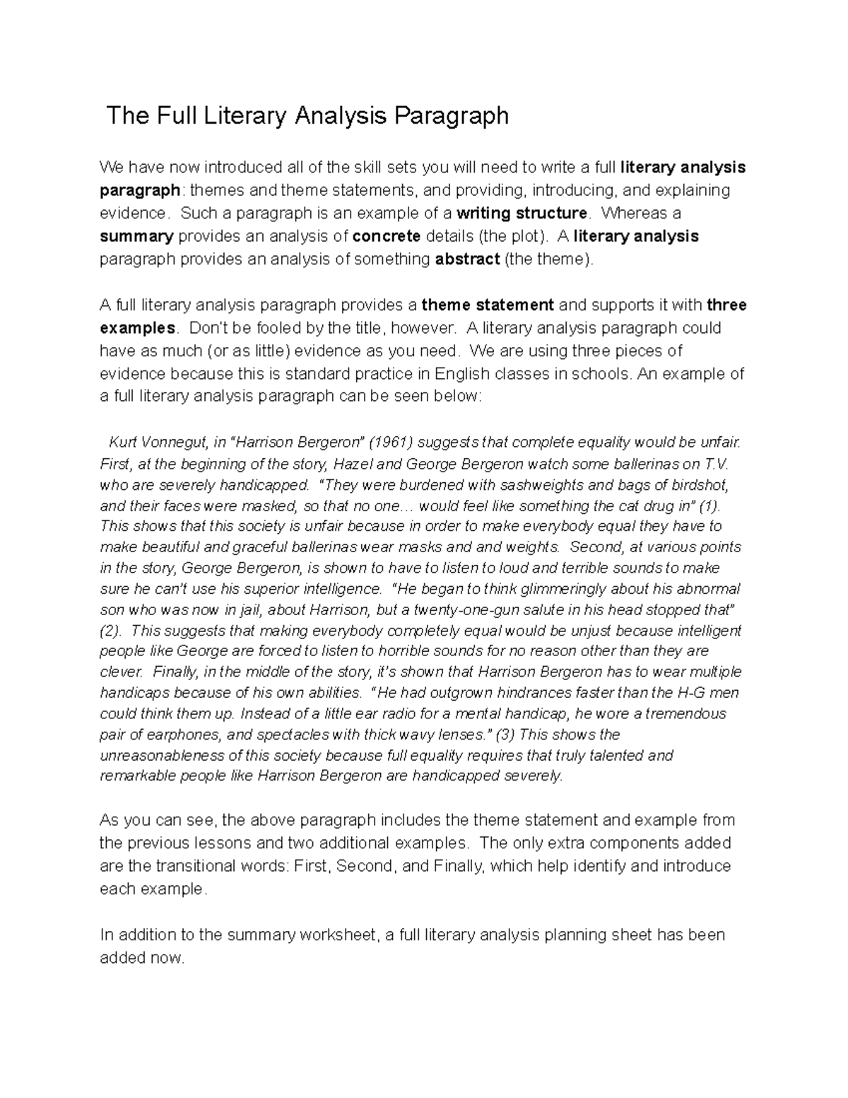 Week 3 - Worksheet - The Full Literary Analysis Paragraph We have now ...