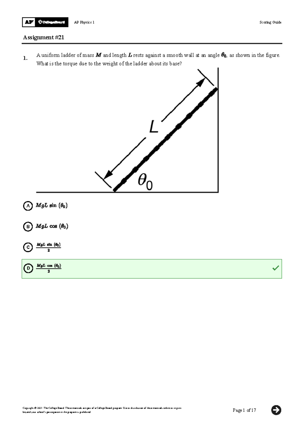 Torque rotations mcq answers - Assignment Copyright © 2021. The College Board. These materials ...