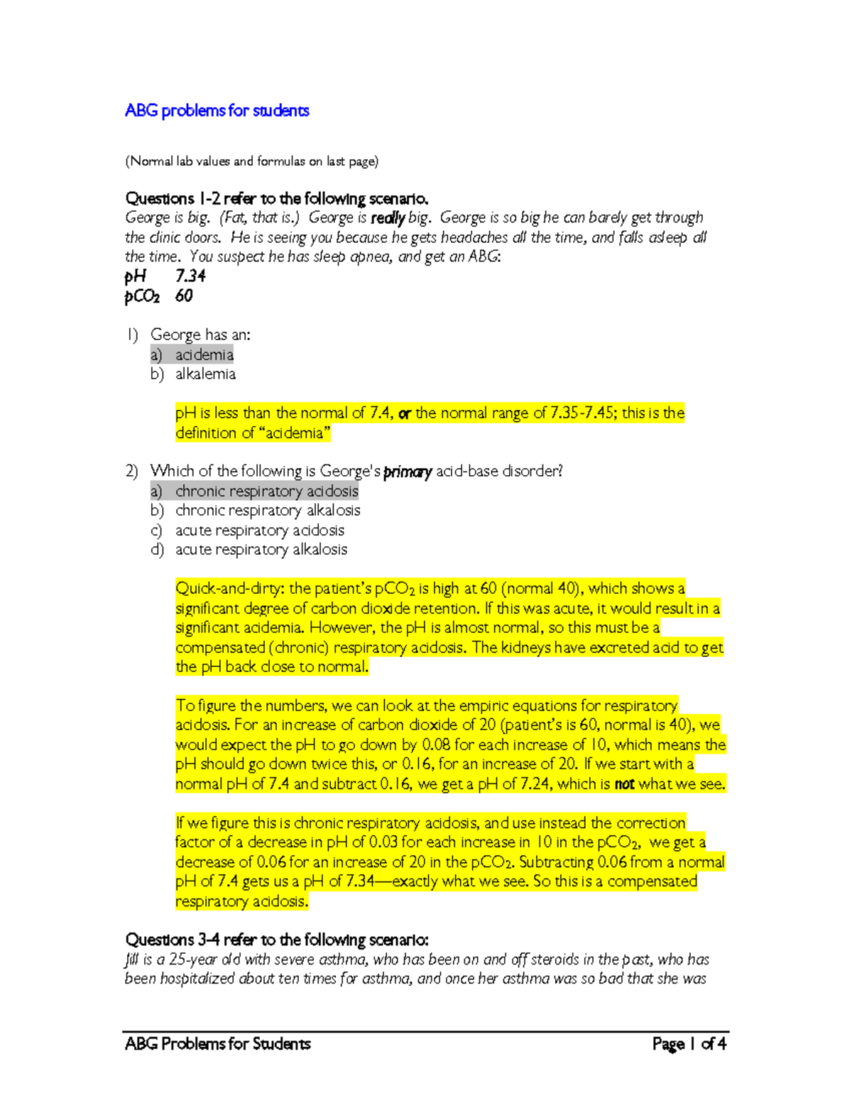 ABG problems for students-answers - ABG problems for students (Normal ...