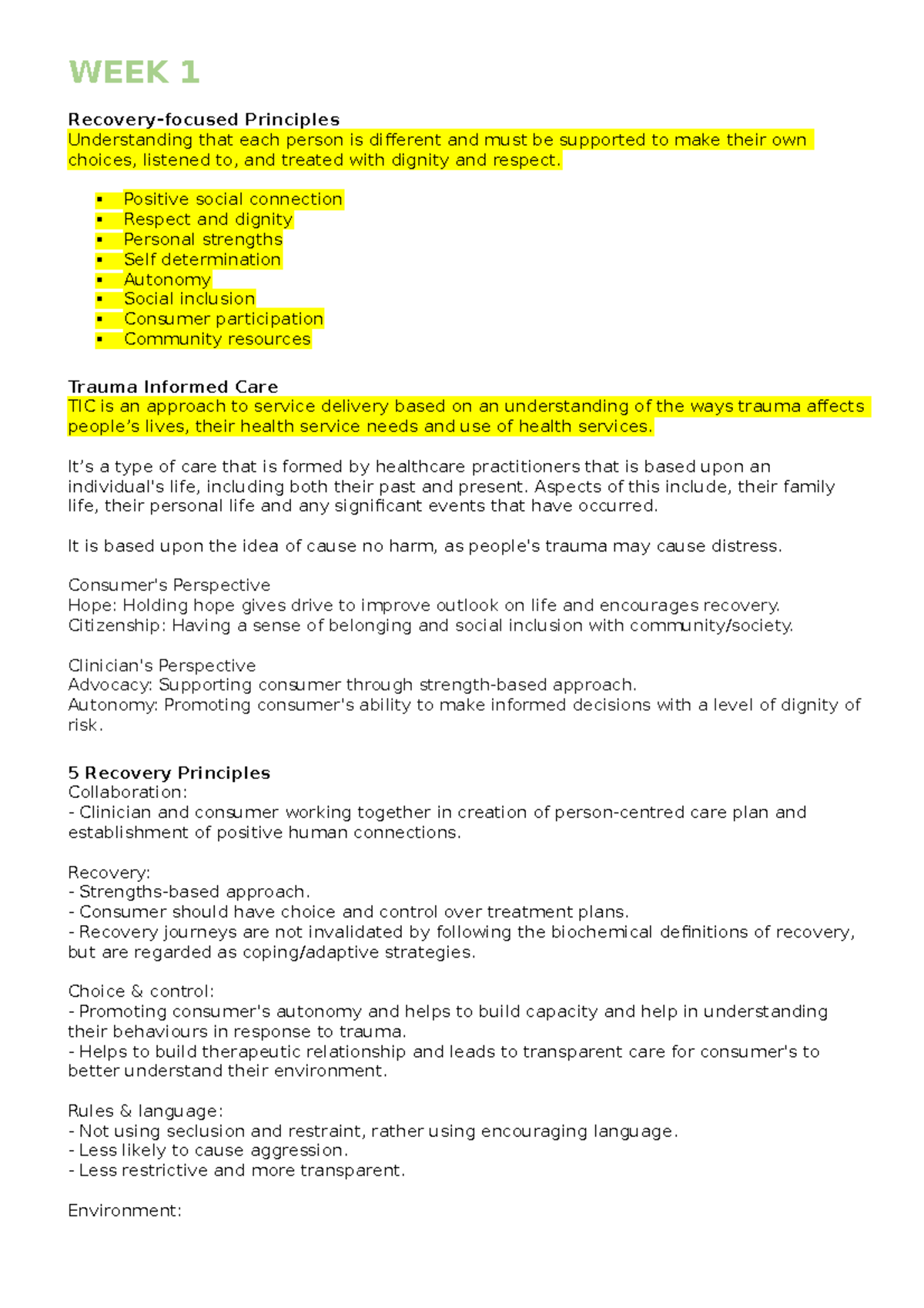 HNN222 notes - WEEK 1 Recovery-focused Principles Understanding that ...