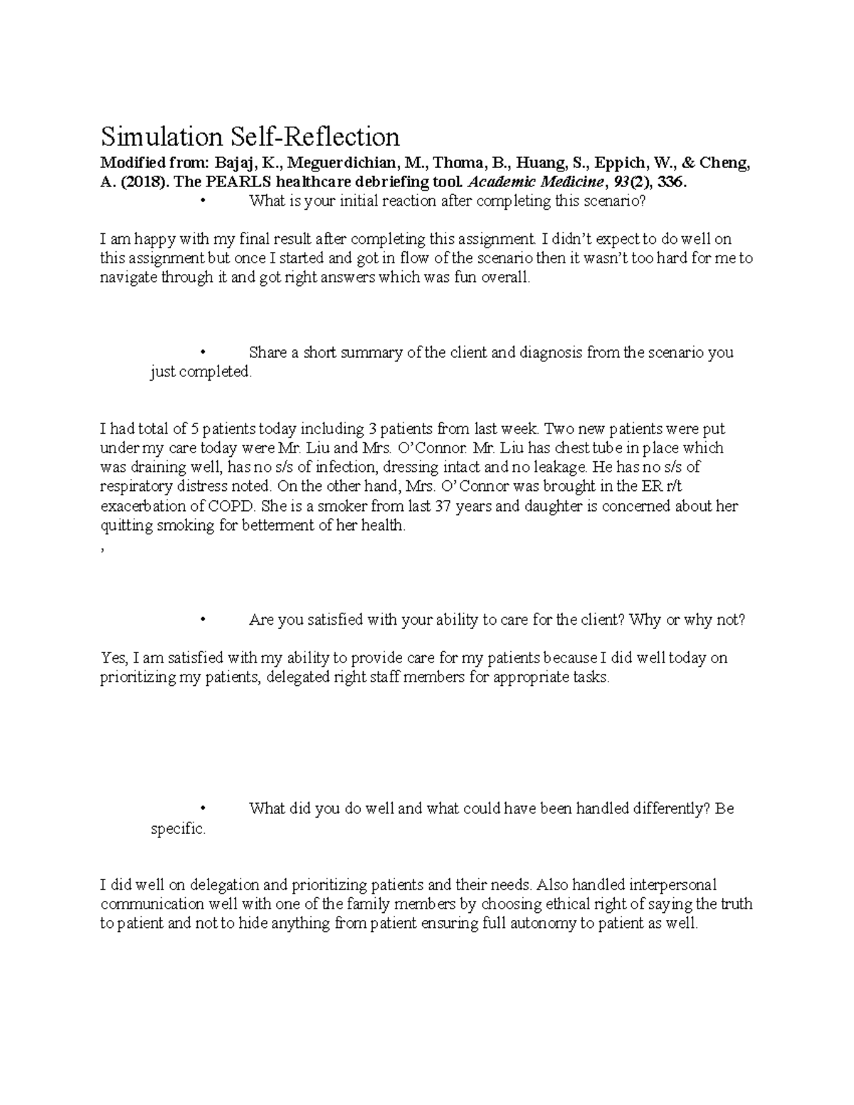 Simulation Self-Reflection week 6 - Simulation Self-Reflection Modified ...