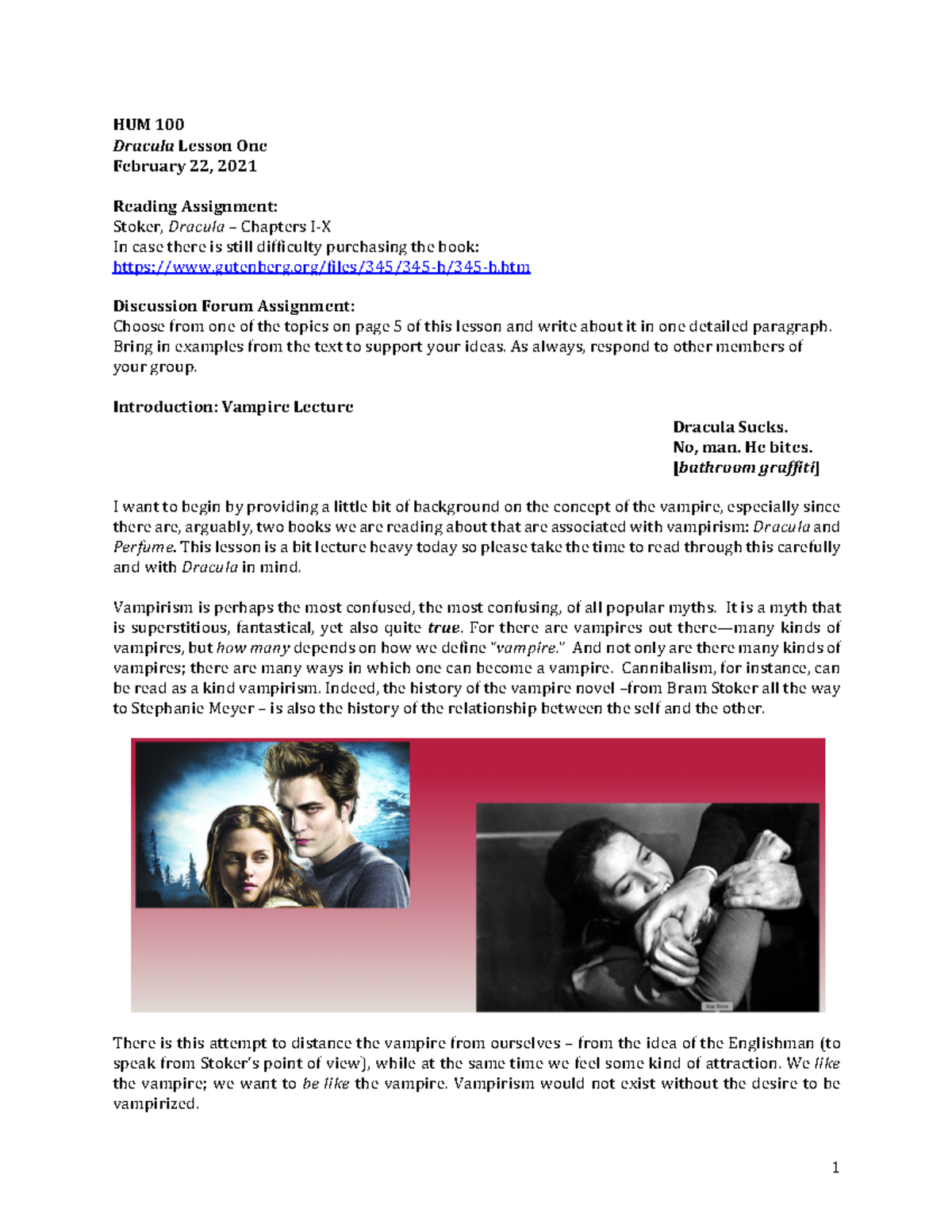 HUM 100 Dracula Lesson One Spring 2021 - HUM _Dracula _ **Lesson One ...