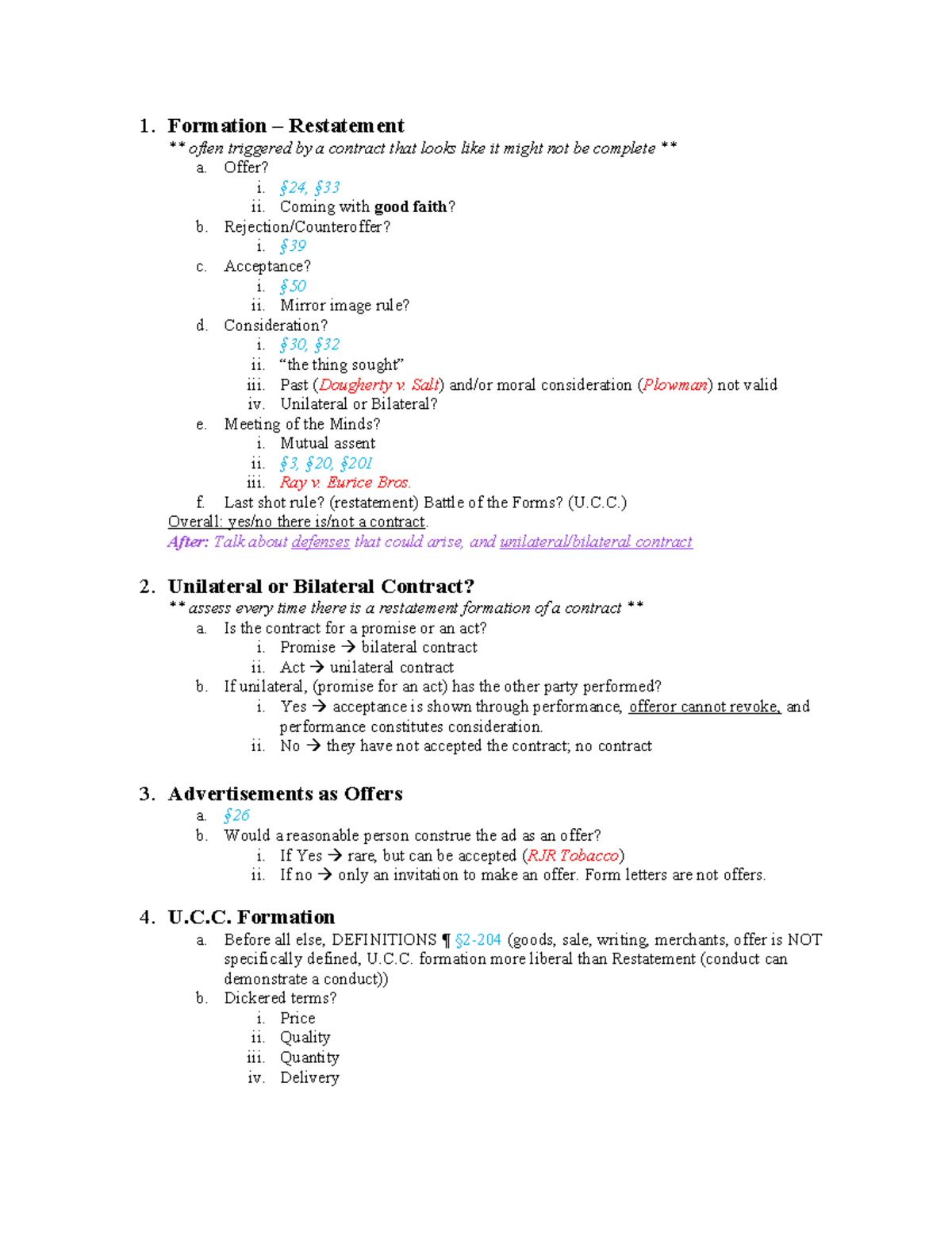 Final - Attack Outline Contracts - 1. Formation – Restatement ** often ...