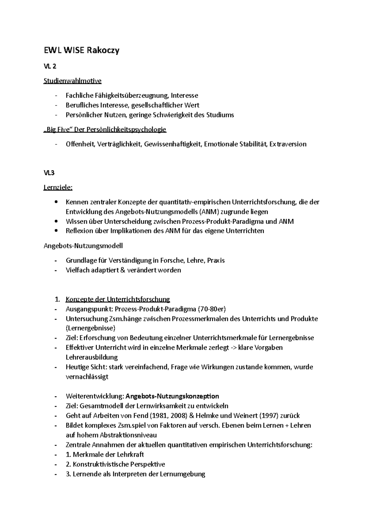 EWL WISE Rakoczy - Zusammenfassung EWL Vorlesung Racozy - EWL WISE ...