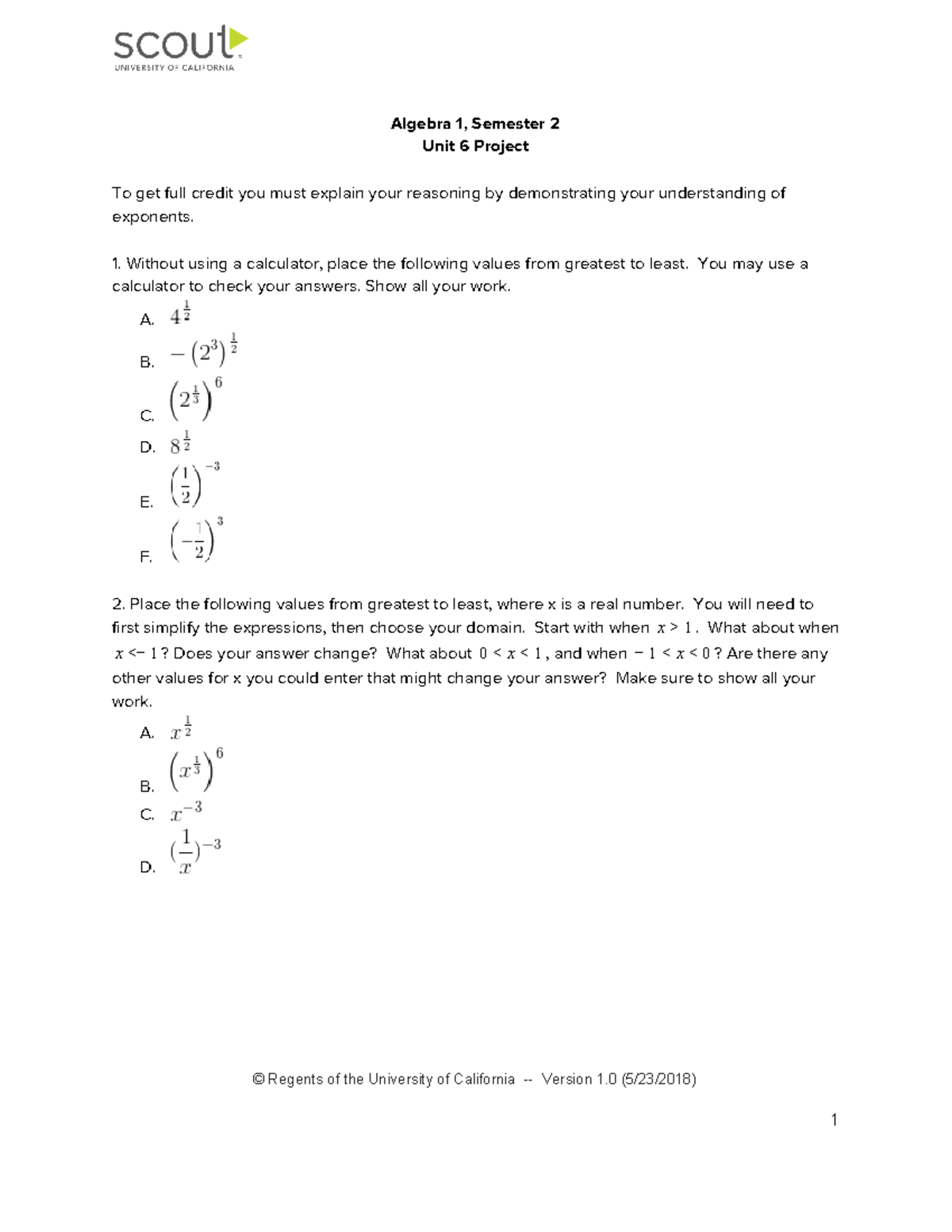 ALGI Unit 6 Uc Scout - **Algebra 1, Semester 2 ** **Unit 6 Project ...