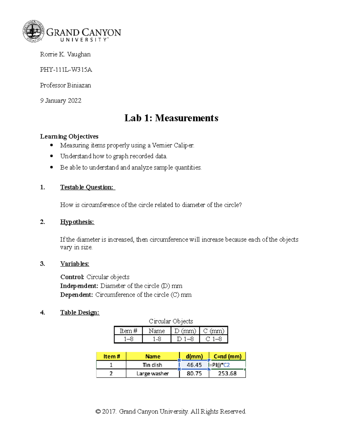 Lab1 PHY-111LLab1 Measurements - Rorrie K. Vaughan PHY-111L-W315A ...