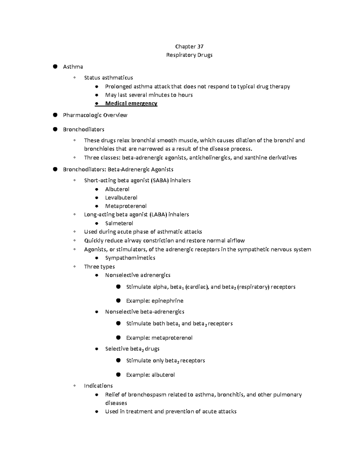 Chapter 37 Respiratory drug hand out - Chapter 37 Respiratory Drugs ⚫ ...