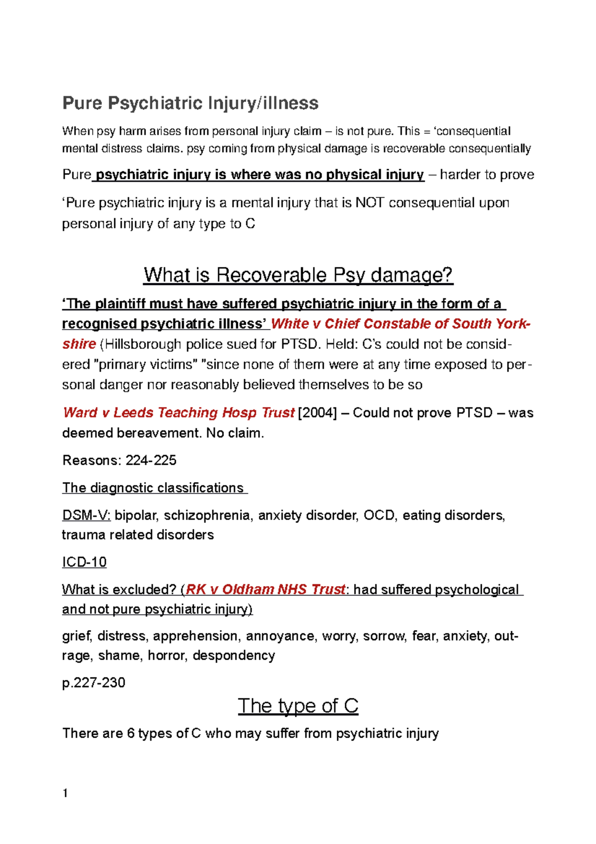 Pure Psychiatric injury: Illness I - Pure Psychiatric Injury/illness ...