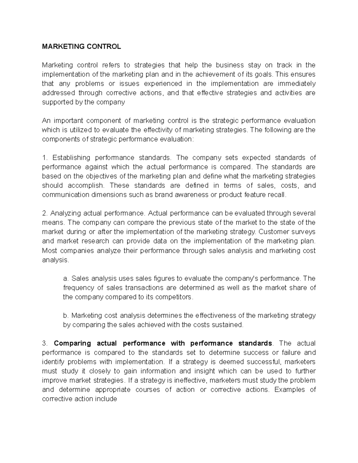 Marketing Control - MARKETING CONTROL Marketing control refers to ...