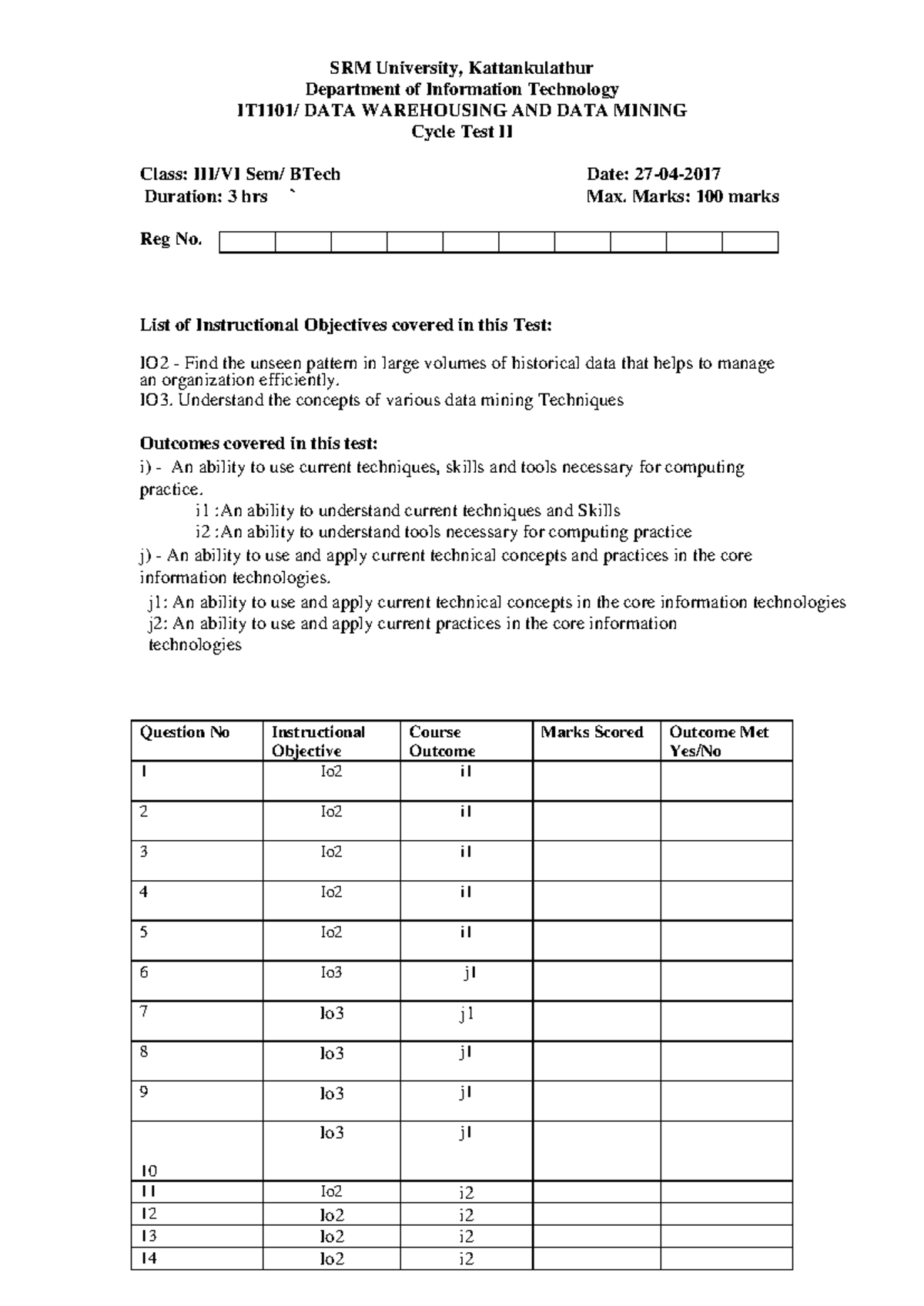 CT-2 DATA Warehousing AND DATA Mining-CT2 - SRM University, Kattankulathur Department of ...