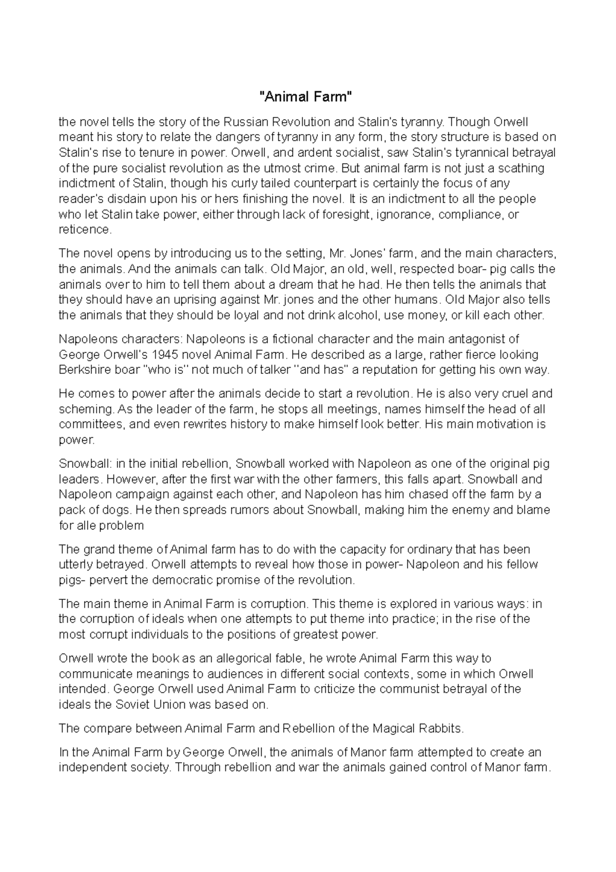 Analyse Animal Farm - "Animal Farm" the novel tells the story of the ...