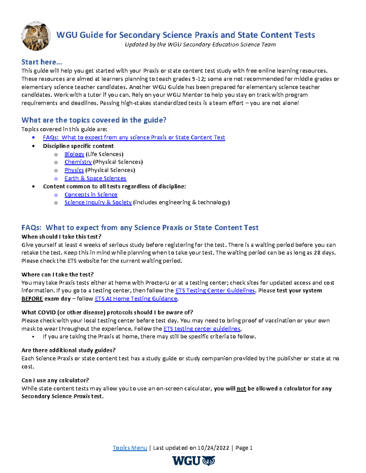 Praxis-secsci-oct22 - Praxis Practice information - WGU Guide for ...