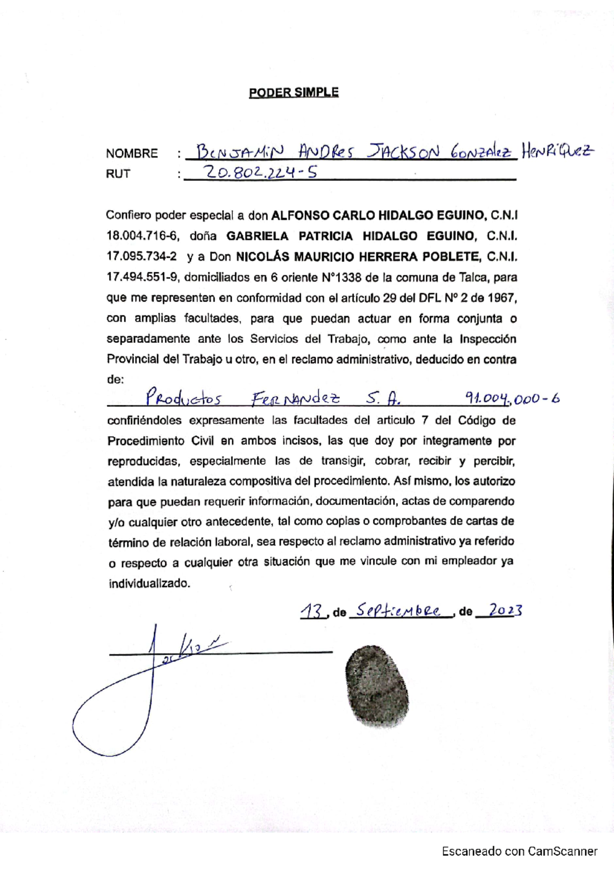 Poder Simple Benjamin Gonzalez - Derecho Administrativo I - Studocu