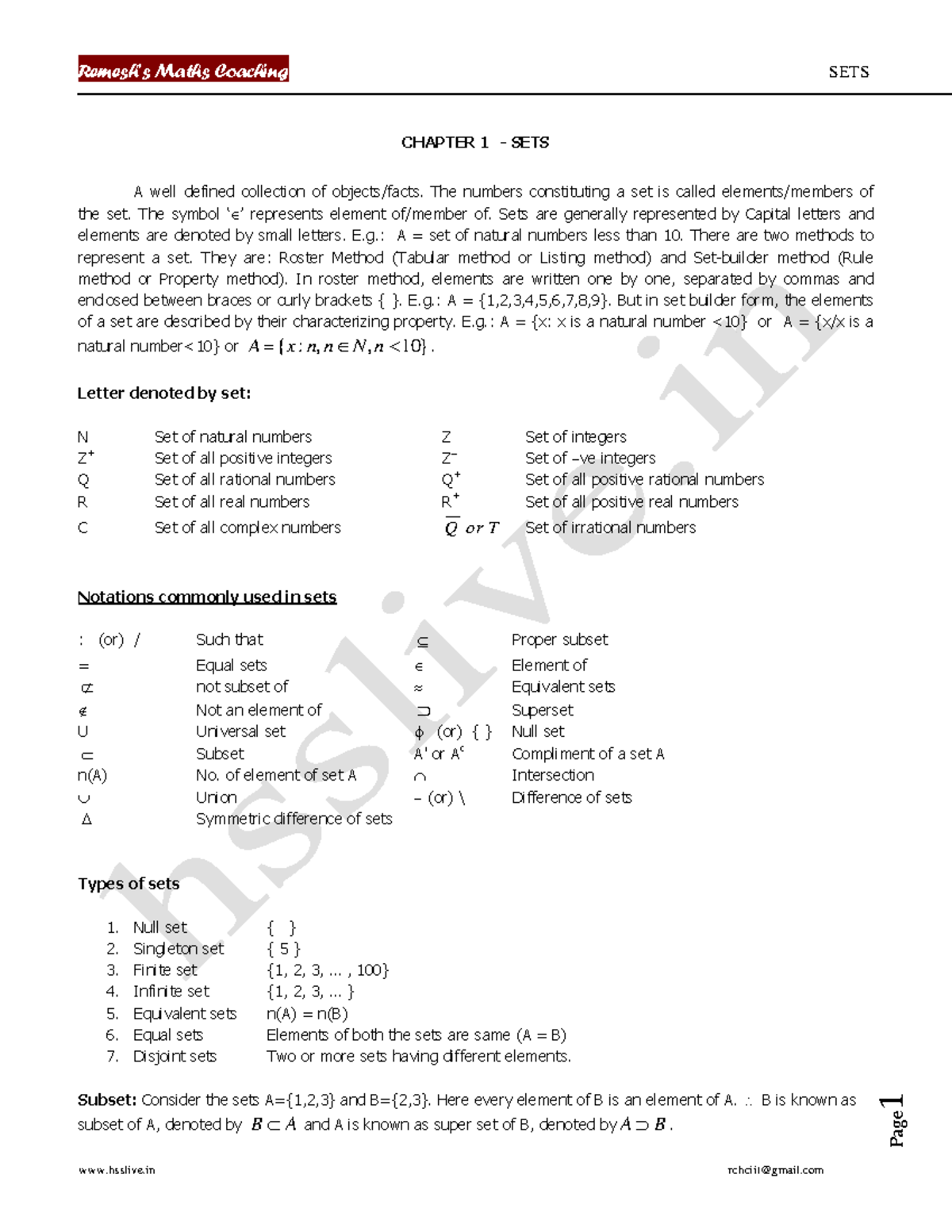 Maths, sets, types of set - Page 1 CHAPTER 1 - SETS A well defined ...