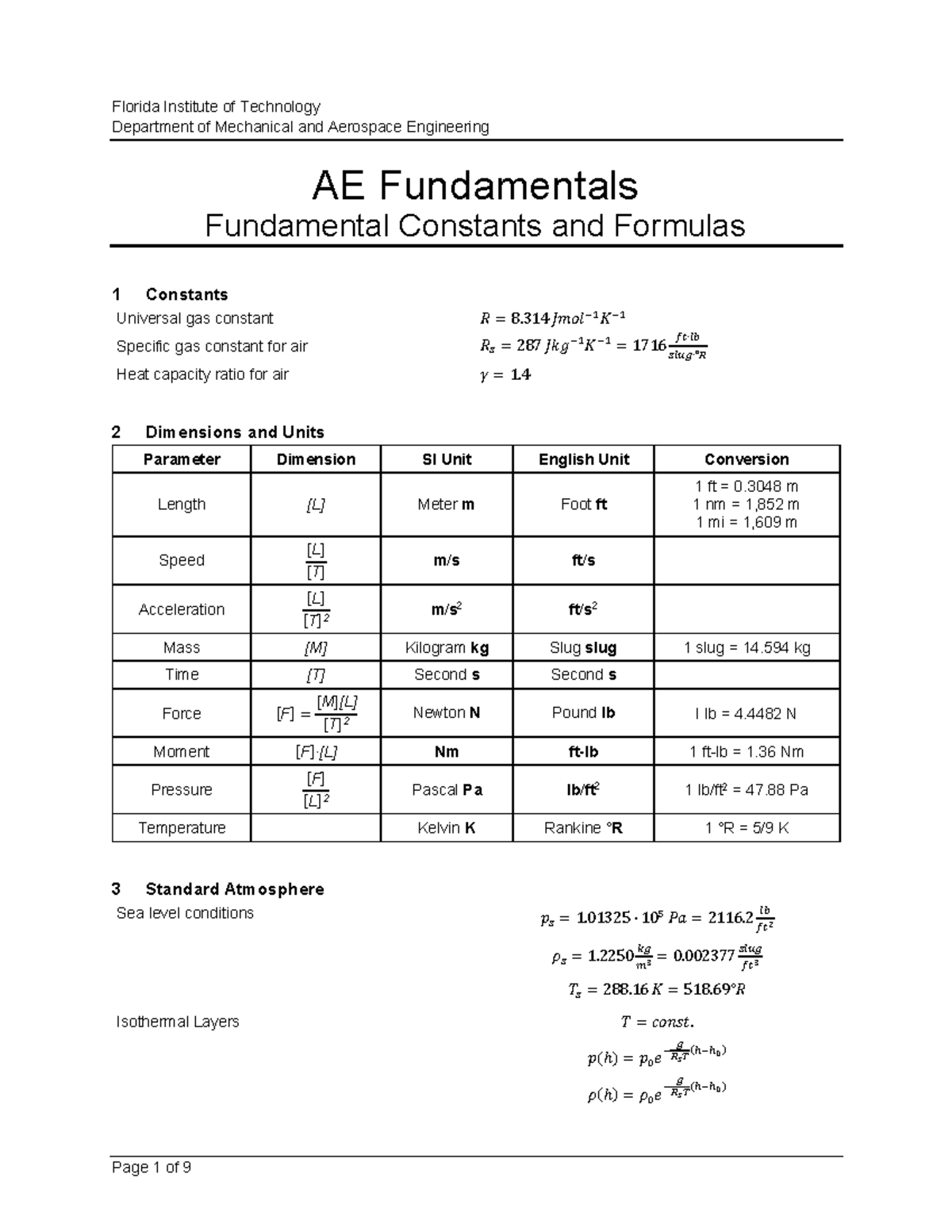 AEE2201 - Constants and Formulas - Department of Mechanical and ...