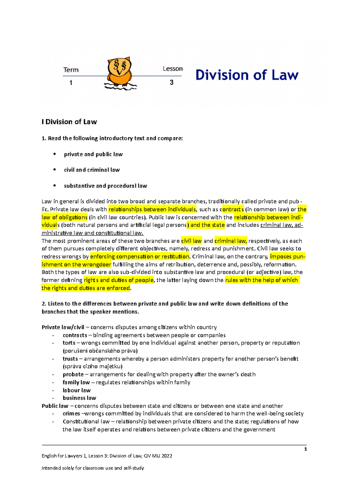 Lesson 03 Division of Law - I Division of Law Read the following ...