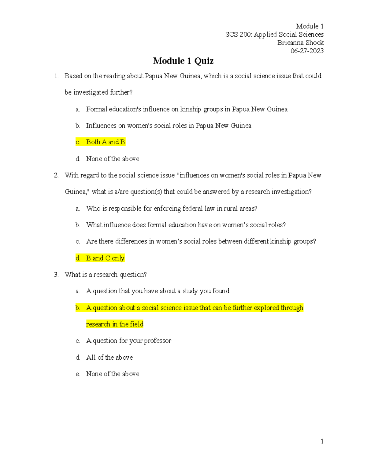 Module 1 Quiz - n/a - Module 1 SCS 200: Applied Social Sciences Brieanna Shook 06-27- Module 1 ...