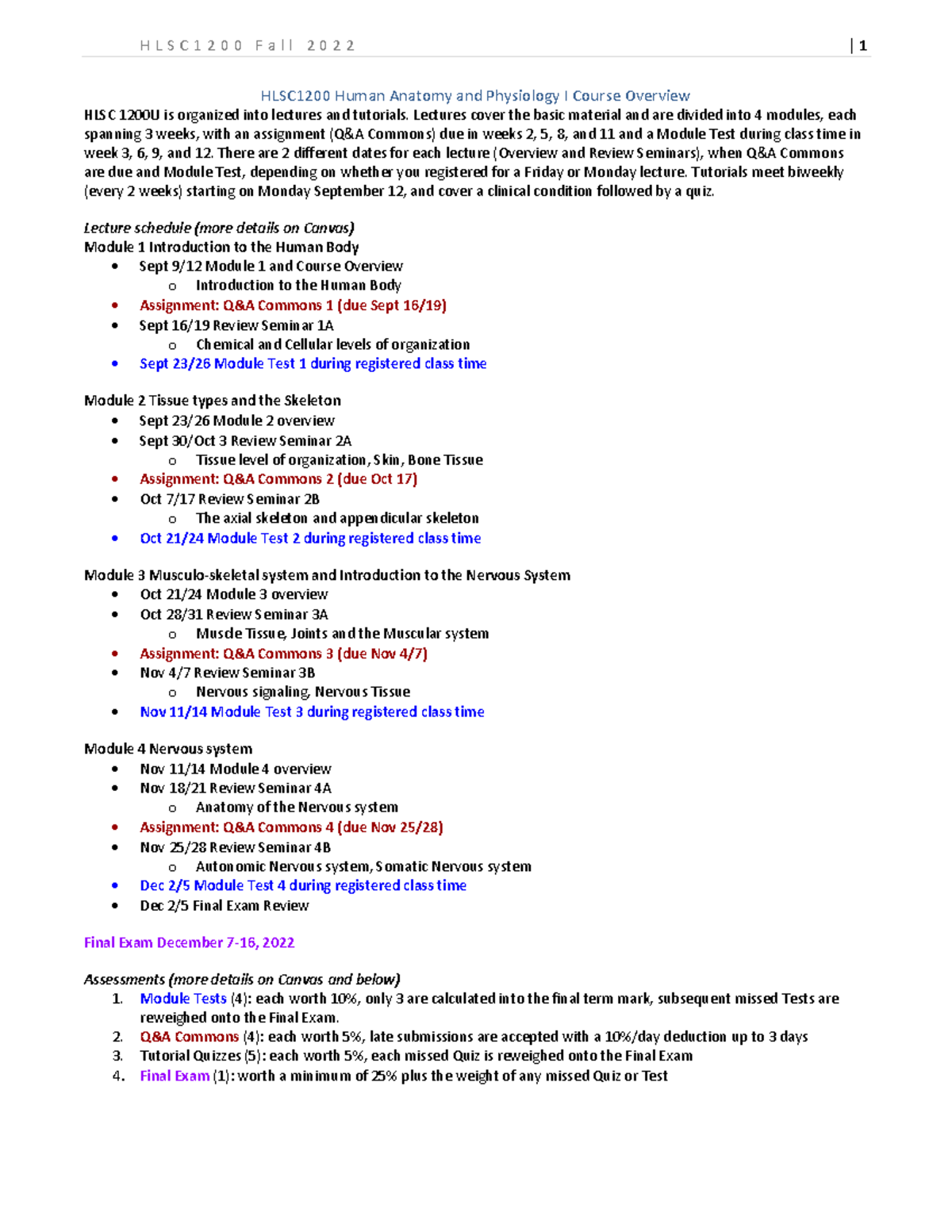HLSC1200U Human Anatomy and Physiology Course Outline - HLSC1200 Human ...