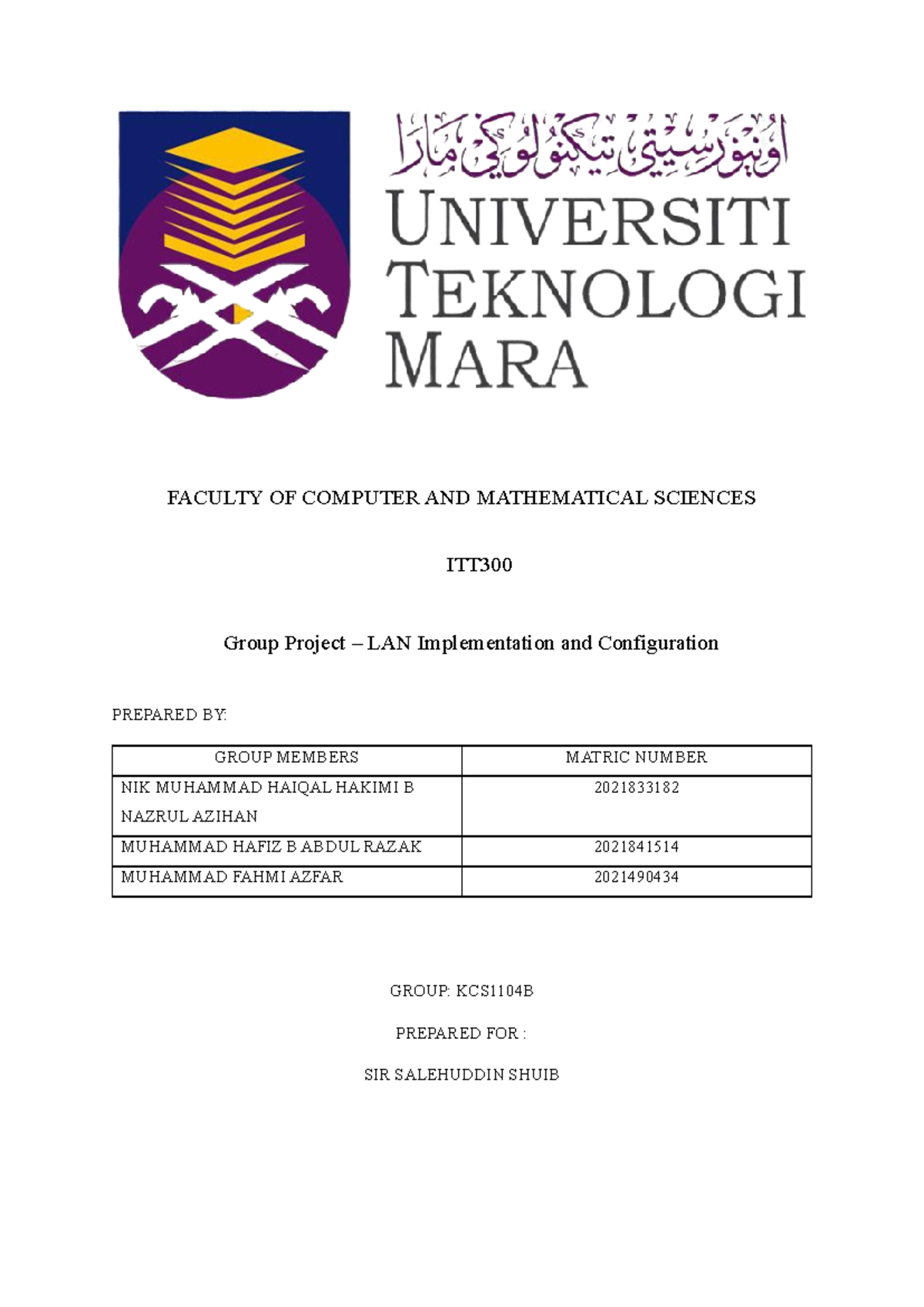 Itt300 group project - FACULTY OF COMPUTER AND MATHEMATICAL SCIENCES ...