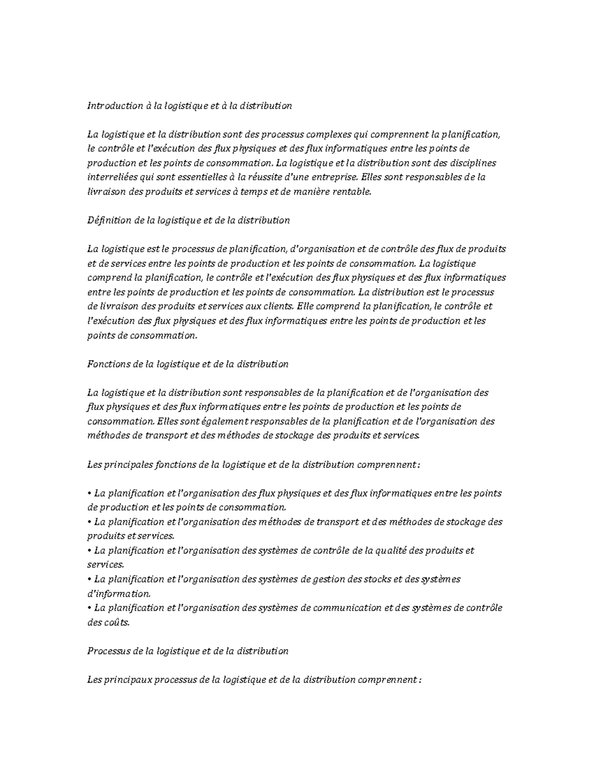 Logistics and Distribution note study - Introduction à la logistique et ...