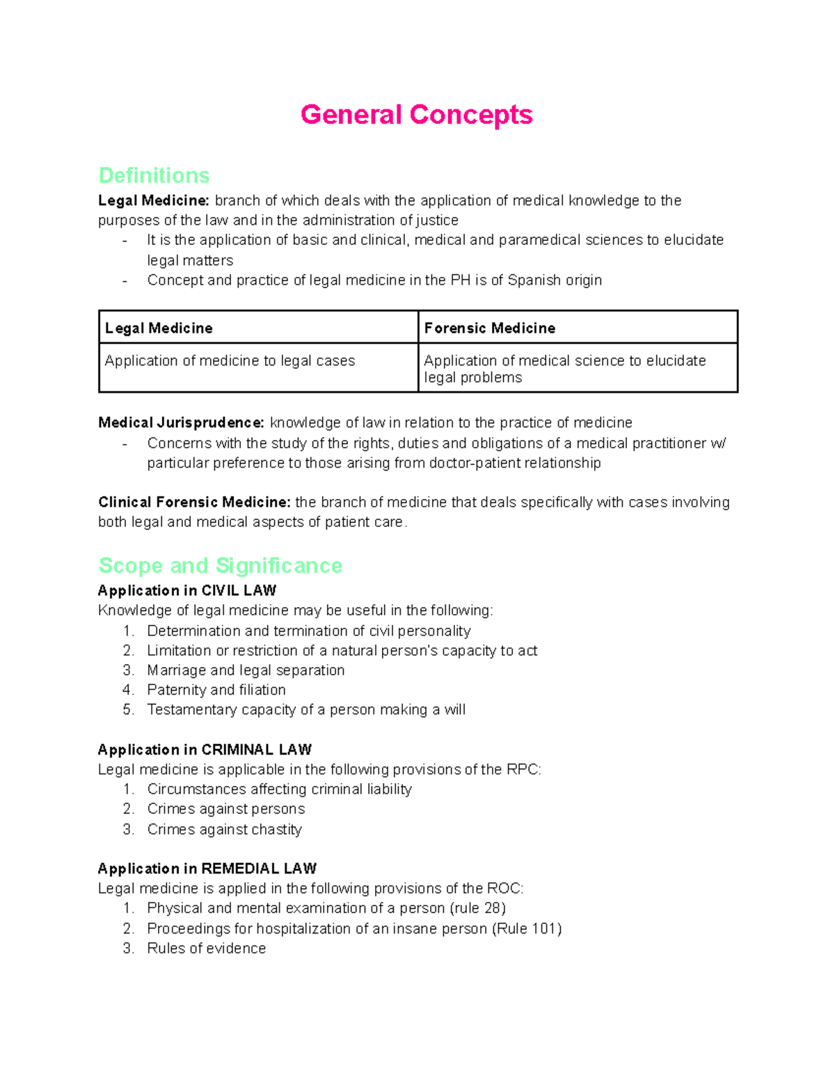 Legmed Notes - ... - General Concepts Definitions Legal Medicine ...