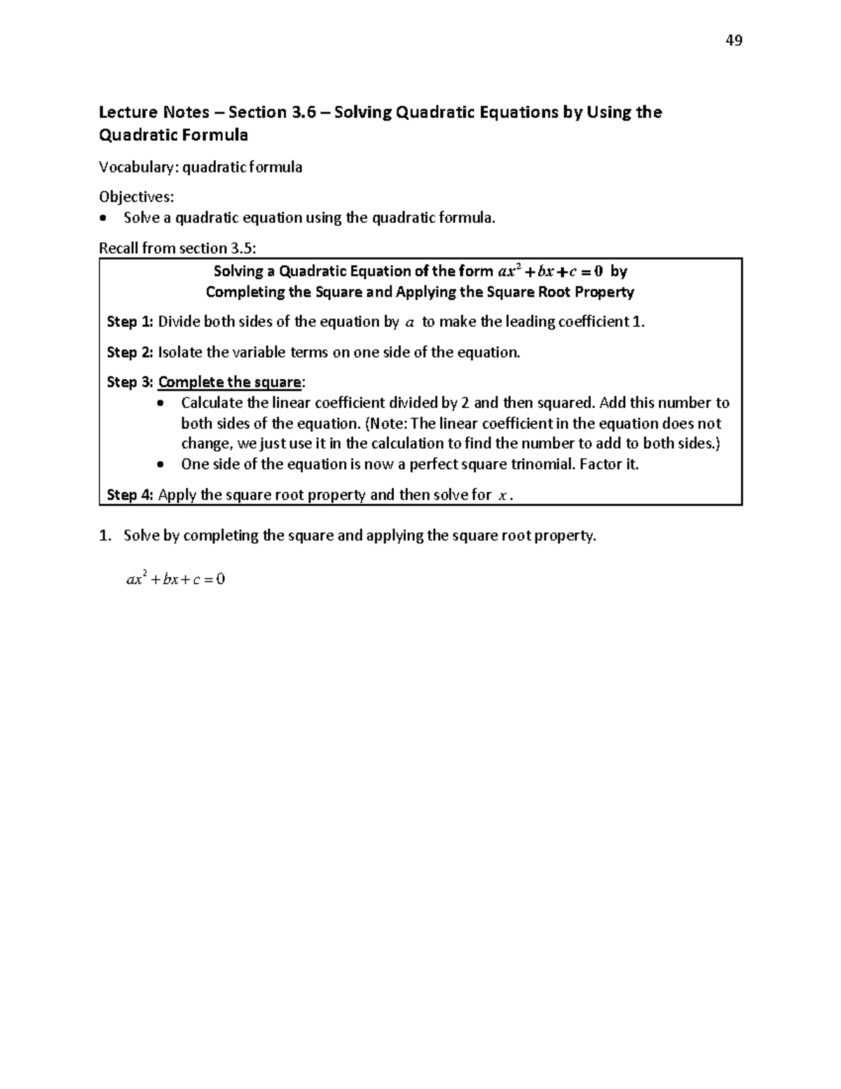 3.6 Lecture Notes - Lecture Notes – Section 3 – Solving Quadratic ...