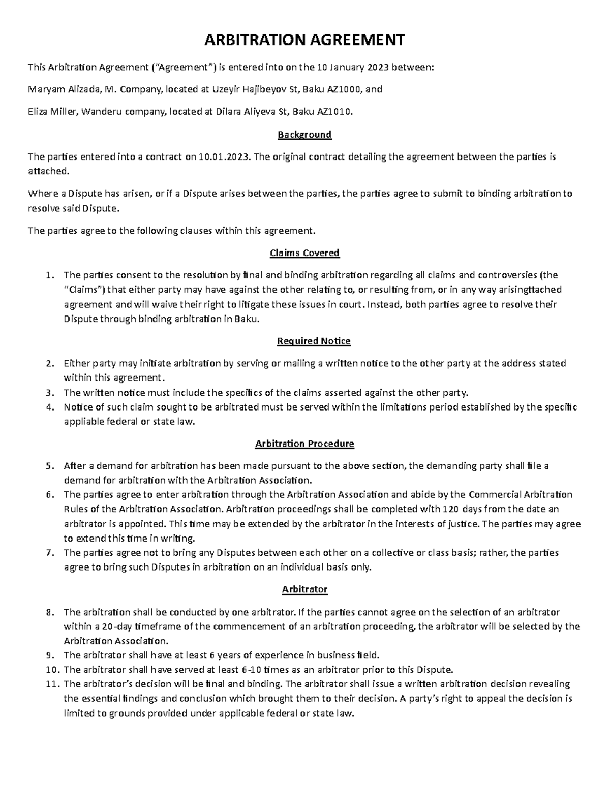 Arbitration agreement example Maryam A - ARBITRATION AGREEMENT This ...