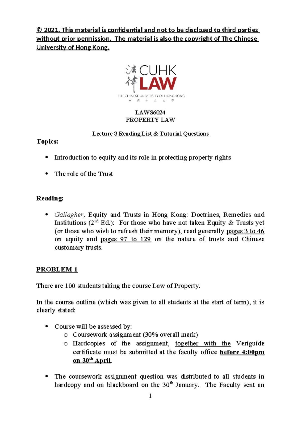 Lecture 3 Handout - without prior permission. The material is also the copyright of The Chinese ...