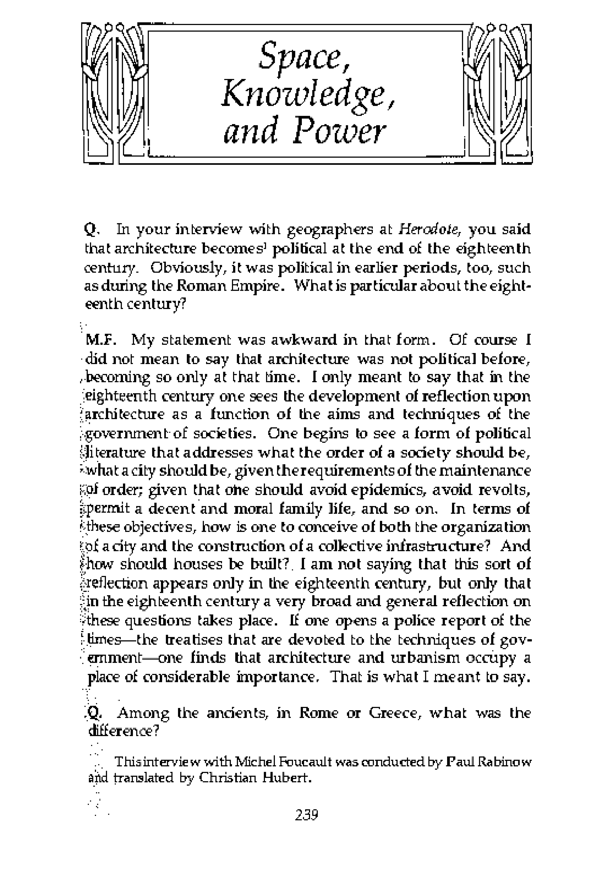 Foucault Space, Knowledge, Power - Space, Knowledge, and Power Q. In ...