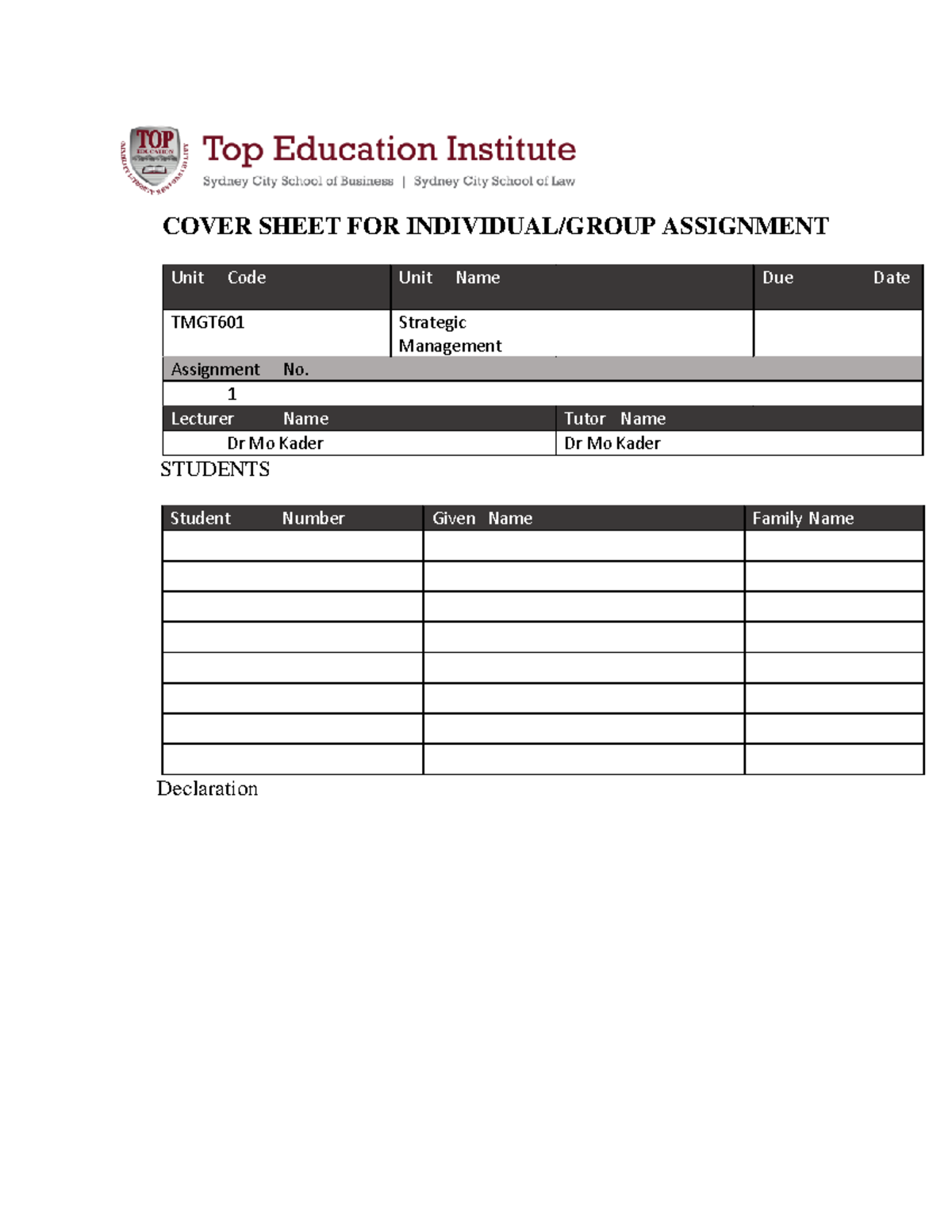 TMGT601 Assessment 1 Sample Completed Example - COVER SHEET FOR ...