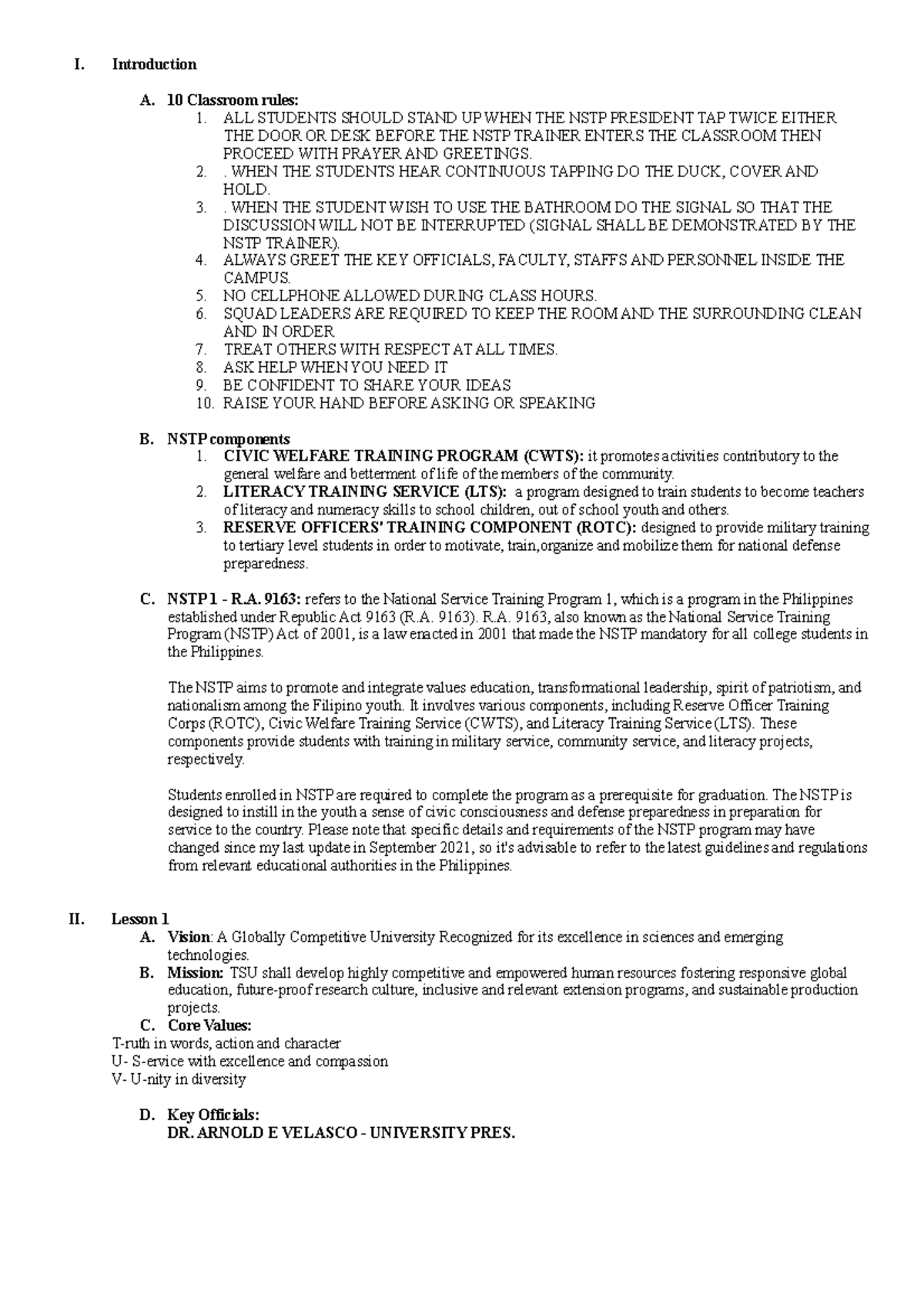 NSTP Reviewer - LECTURE - I. Introduction A. 10 Classroom rules: 1. ALL ...
