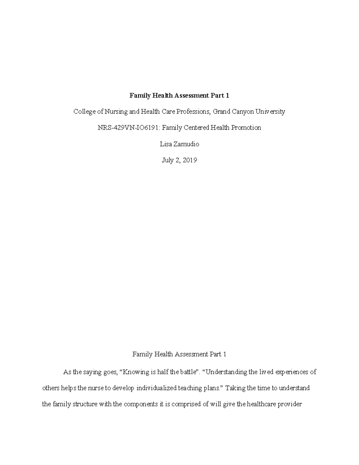 Family Assessment GCU - Family Health Assessment Part 1 College of ...