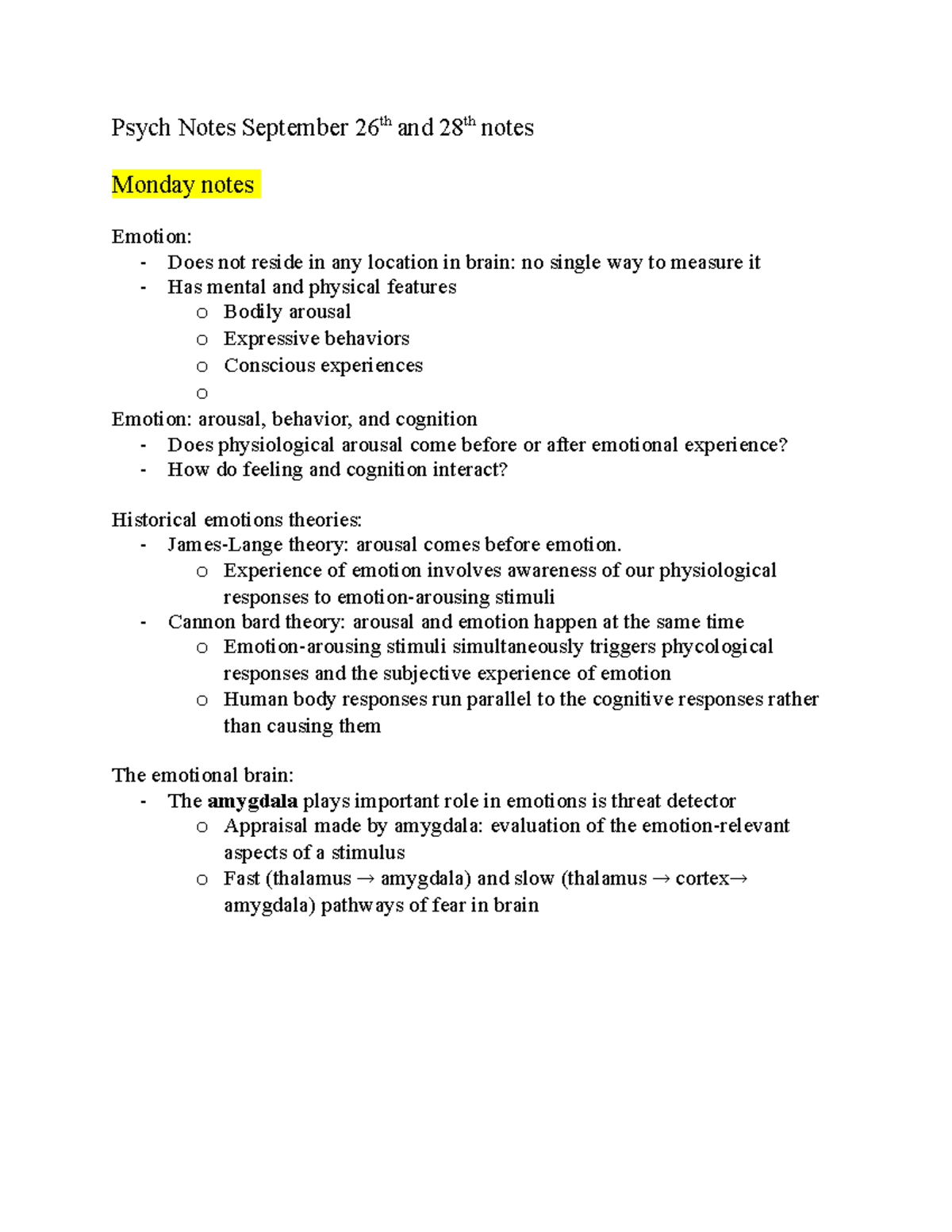 Psych notes sept 26 - more about emotion, theories of emotion and etc ...