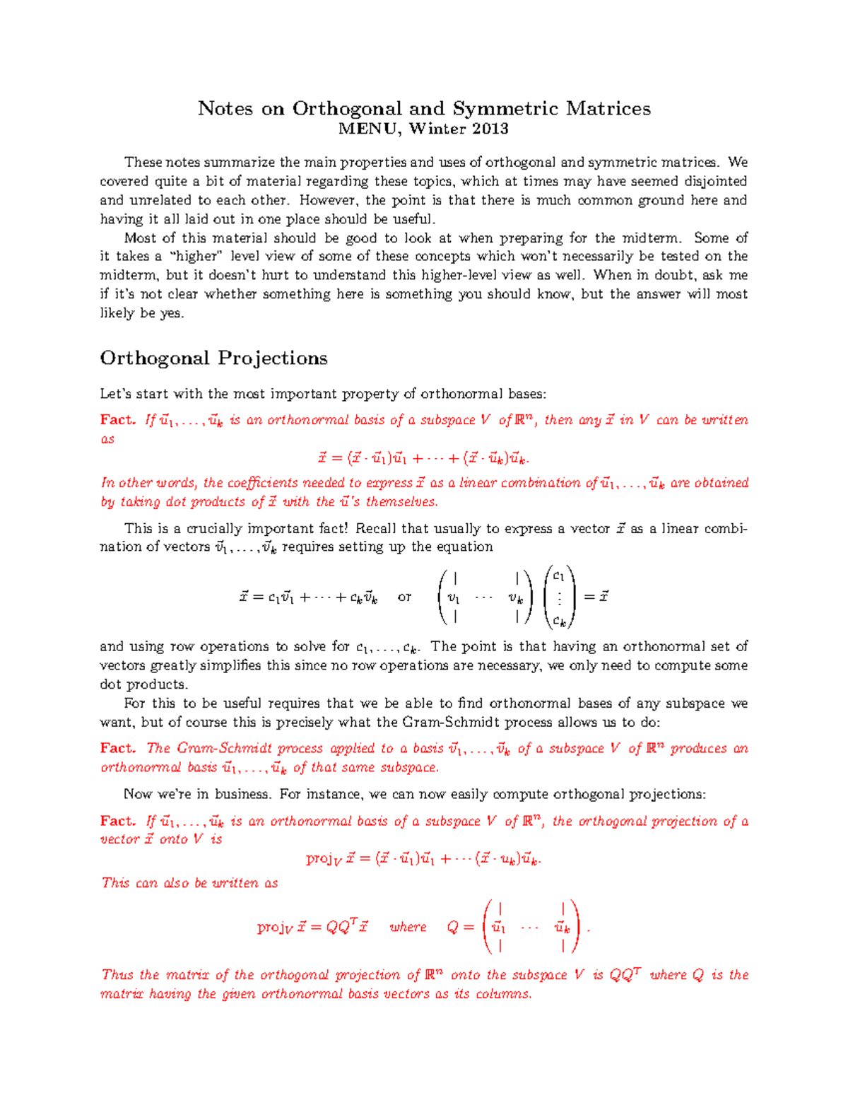 Notes on Orthogonal and Symmetric Matrices winter 2013 - Notes on ...