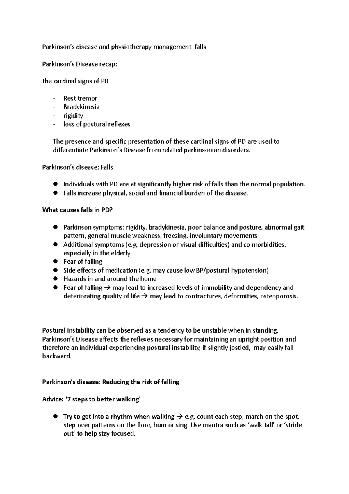 Parkinson’s disease and physiotherapy management- falls - Parkinson’s ...