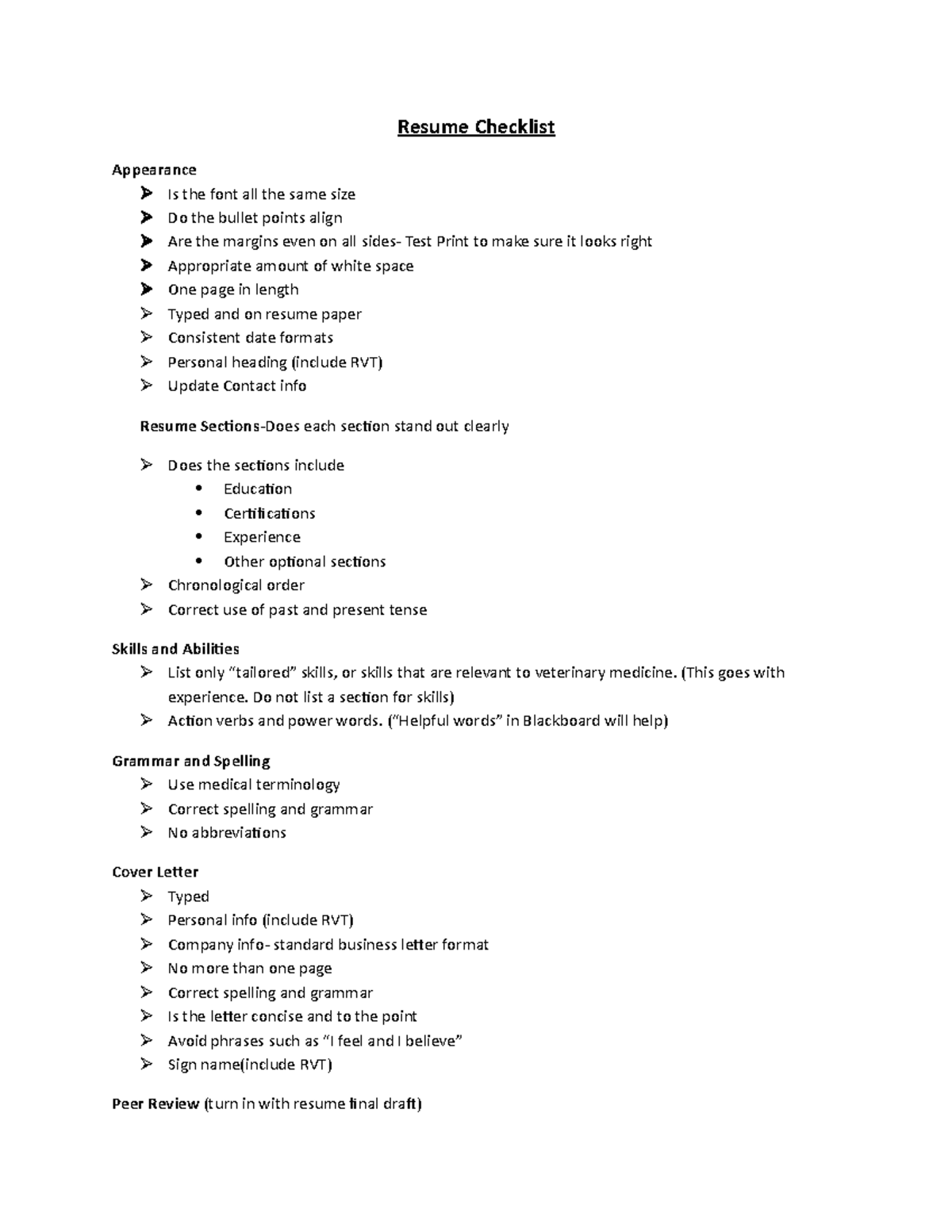 Resume Checklist - Resume Checklist Appearance Is the font all the same ...