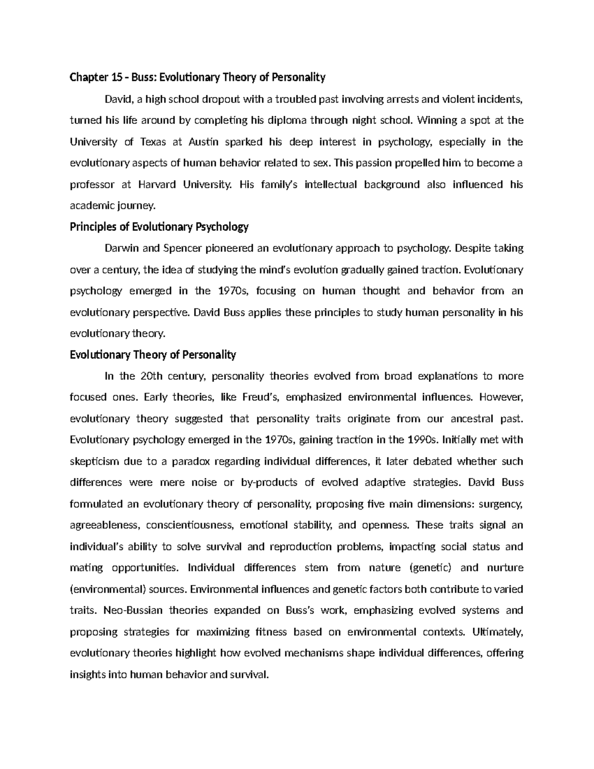 Chapter 15 - Theories of Personality - Chapter 15 - Buss: Evolutionary ...