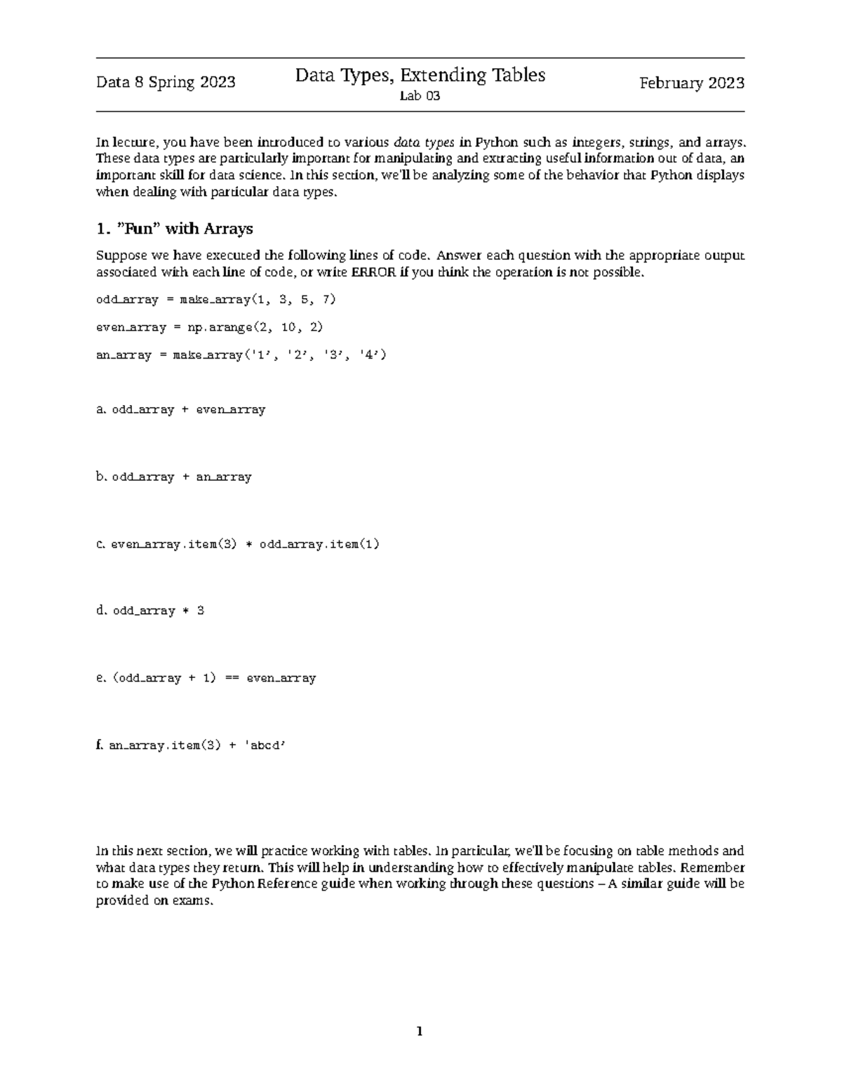 Dis03 Discussion Worksheet Week 3 Data 8 Spring 2023 Data Types Extending Tables Lab 03 