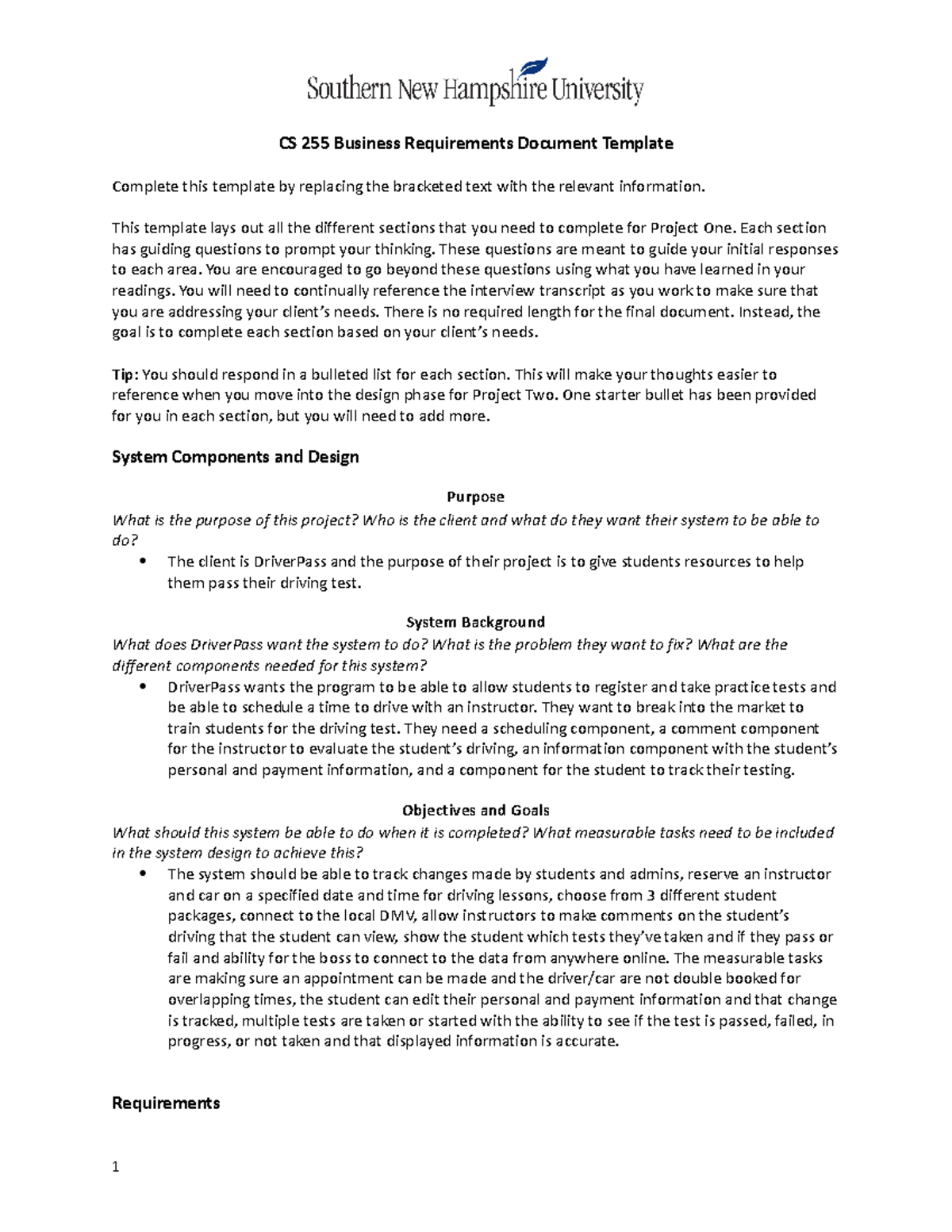 Project One Business Requirements Template - CS 255 Business ...