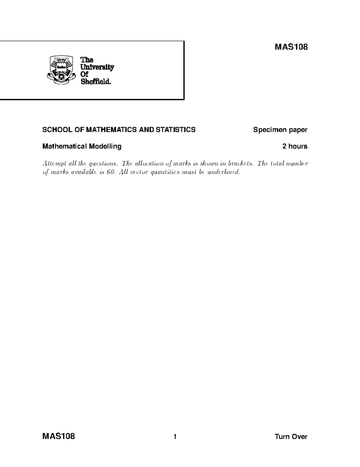 Mas108 specimen paper - SCHOOL OF MATHEMATICS AND STATISTICS Specimen ...