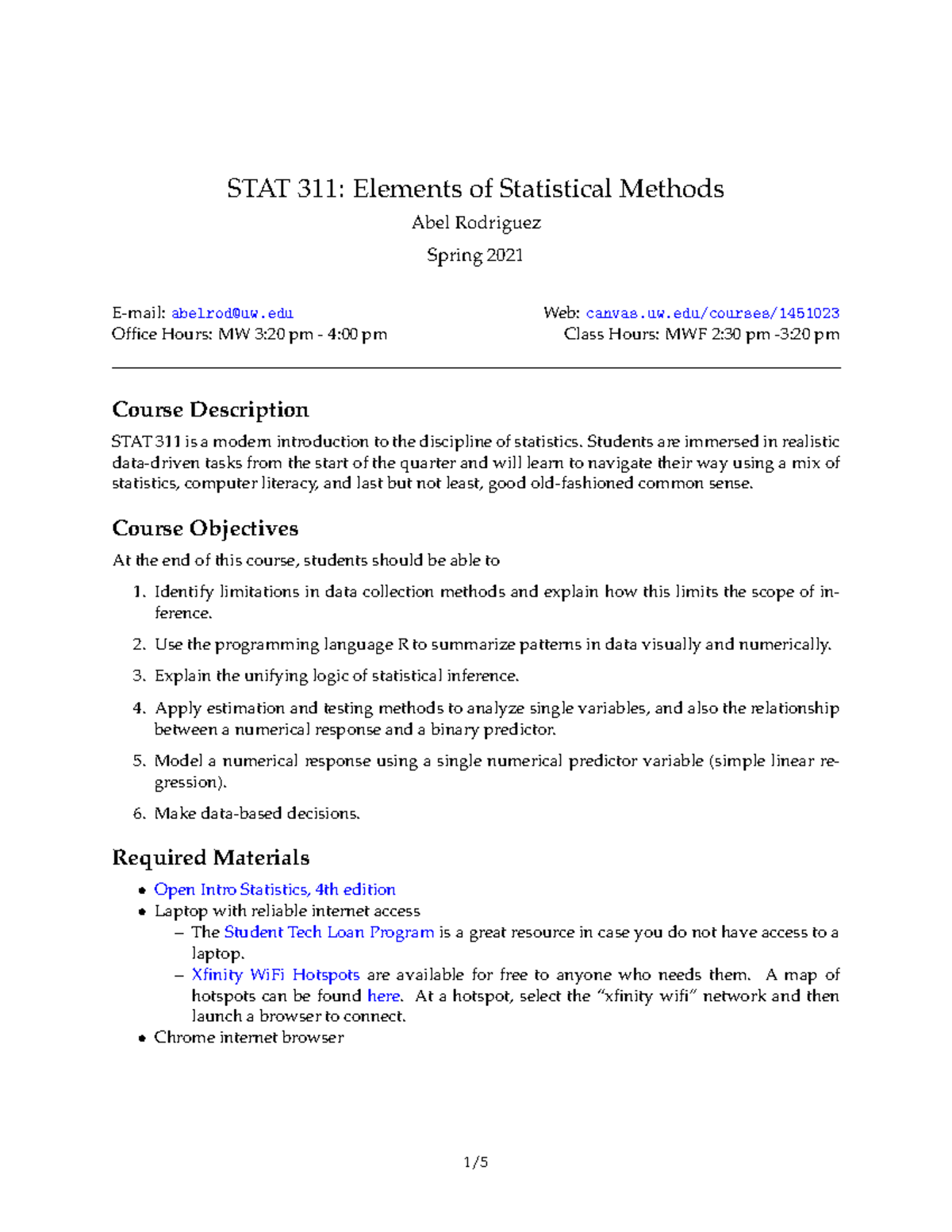 Syllabus Winter 2021 Stat Stat 311 Elements Of Statistical Methods Abel Rodriguez Spring