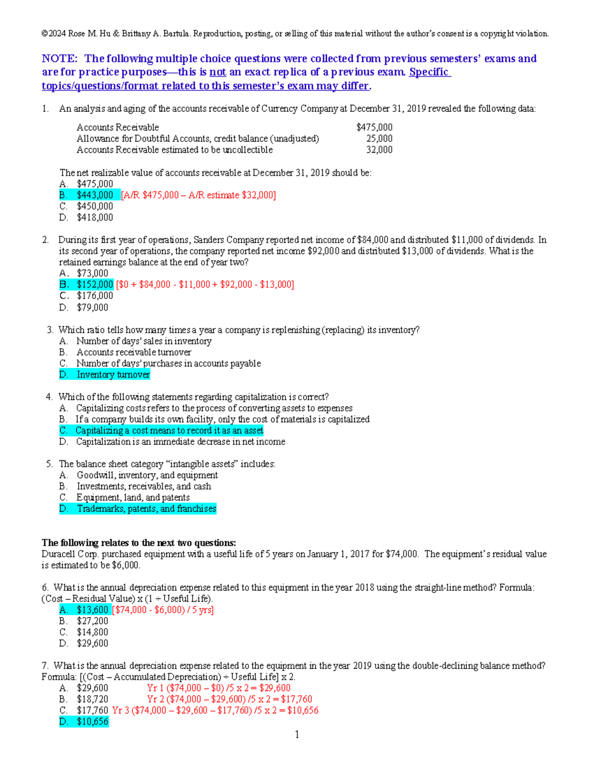 Final Exam Practice Questions SP24 Solution - NOTE: The following multiple choice questions were ...